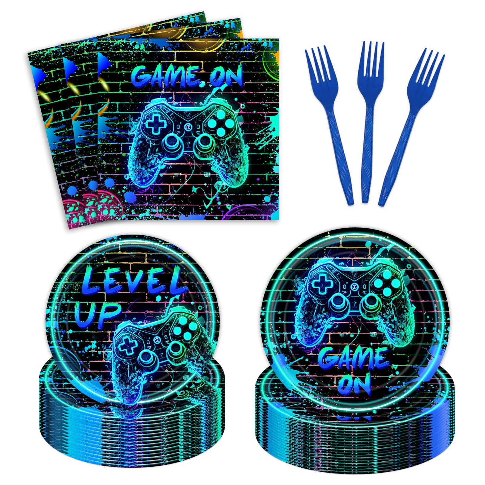 Amazon.com: Neon Game On Decorations Tableware - Video Game Happy ...
