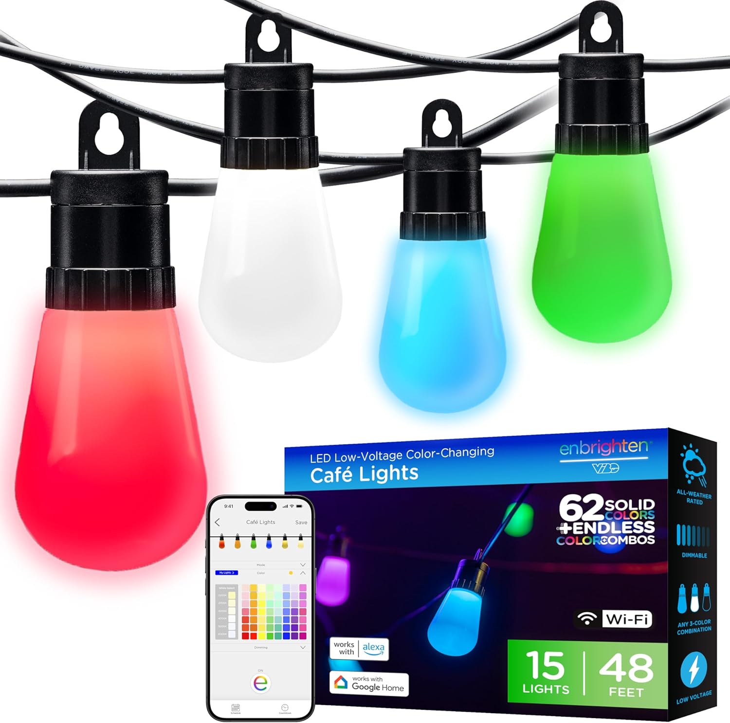 Enbrighten VIBE Smart Color Changing String Lights, 48ft, 15 ...