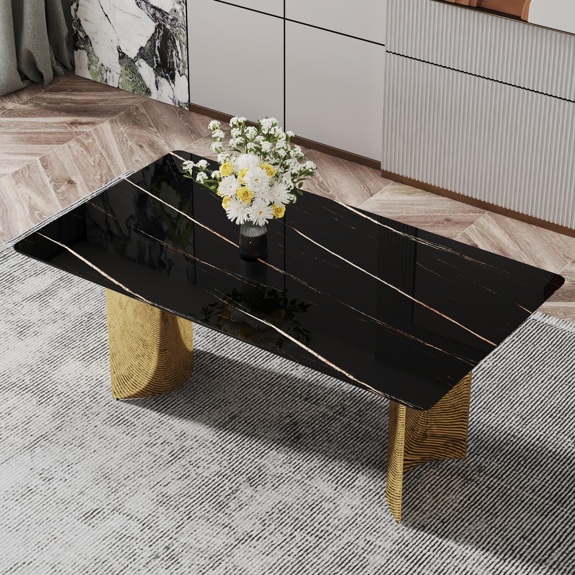 Modern Golden Dining Table for 6, 71” Black Glass Dining Table with ...