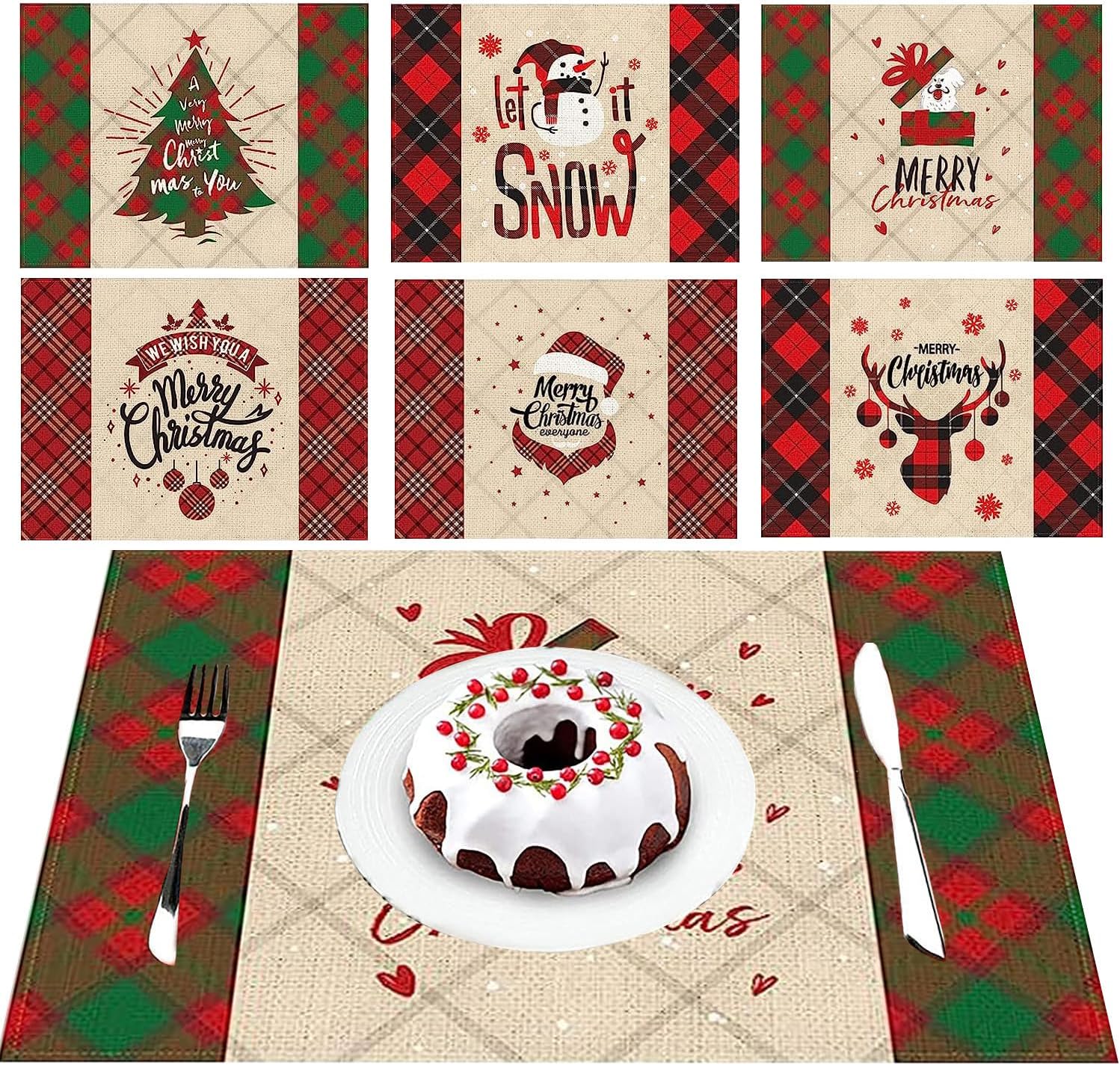 NEWKIBOU Juego de 6 manteles Individuales de Navidad,diseño a Cuadros ...