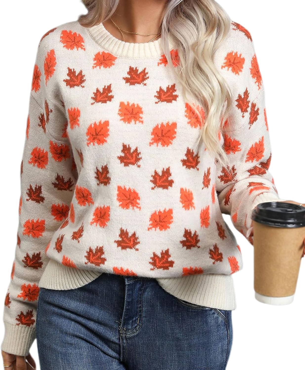 Chvity Women's Leaf Pattern Vaction Sweater Crewneck Long Sleeve Casual ...