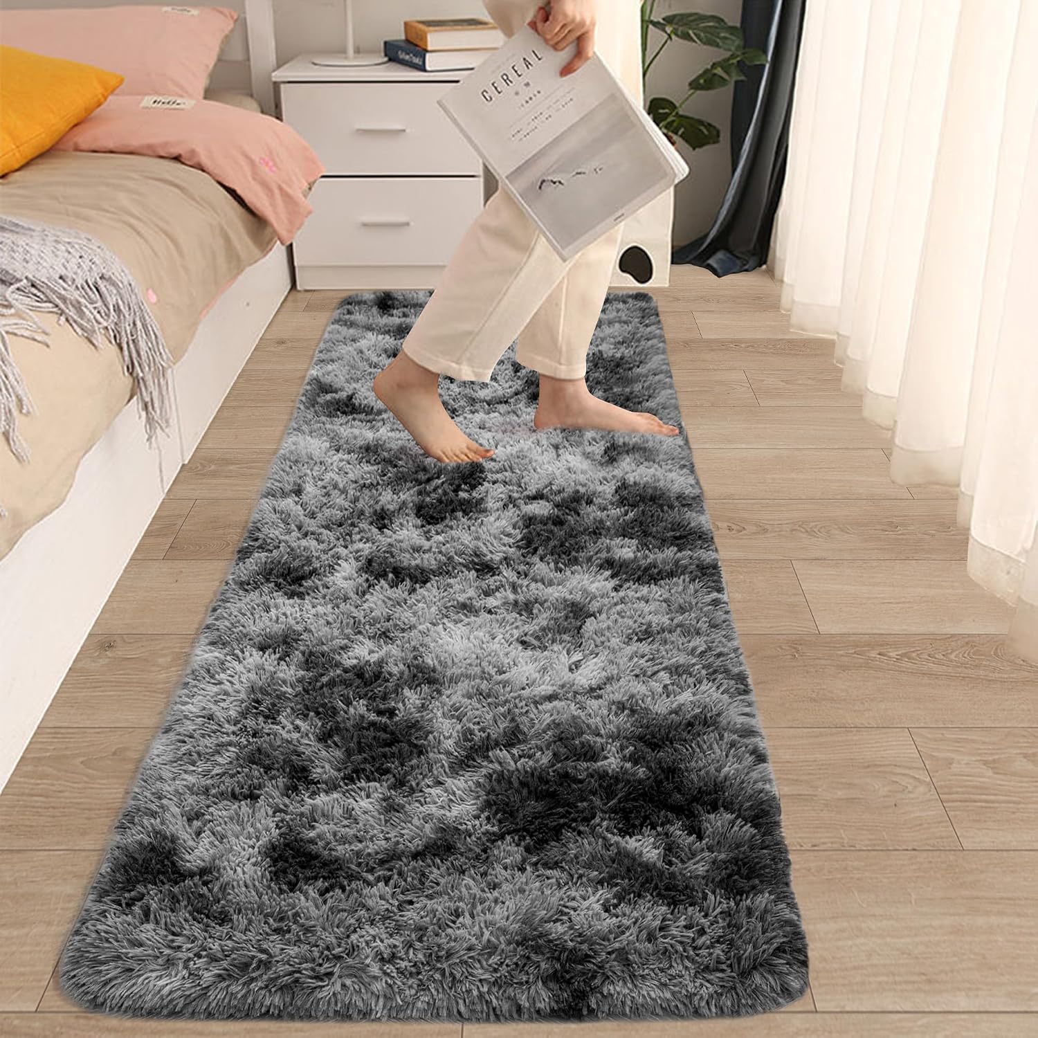 2x6 Fluffy Soft Runner Rug for Bedroom Living Room, Dark Grey and Black ...