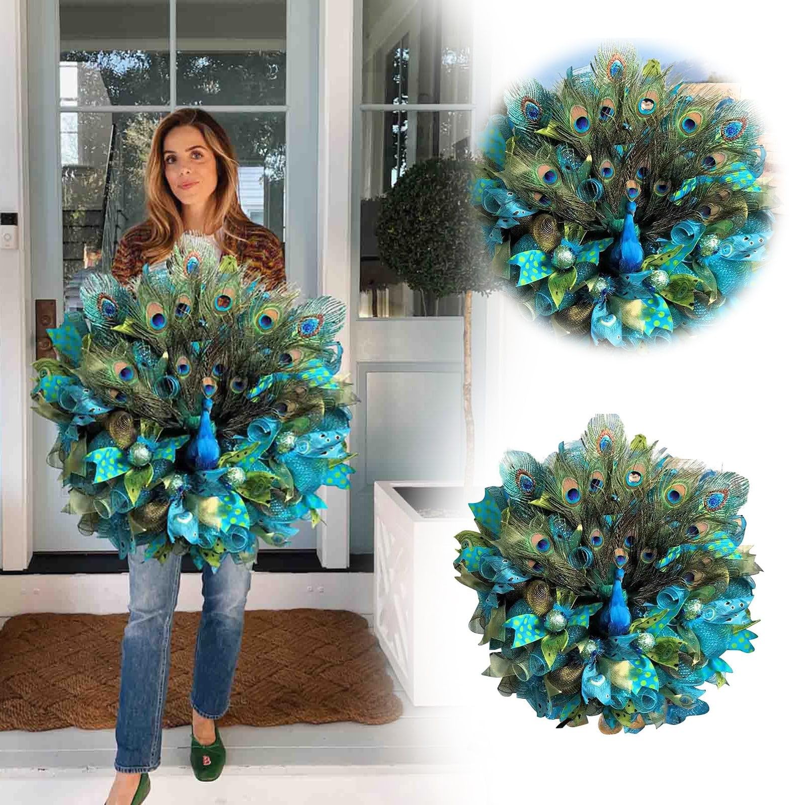 Amazon.com: GpahrrDnij Peacock Feather Wreath for Front Door Seasonal ...