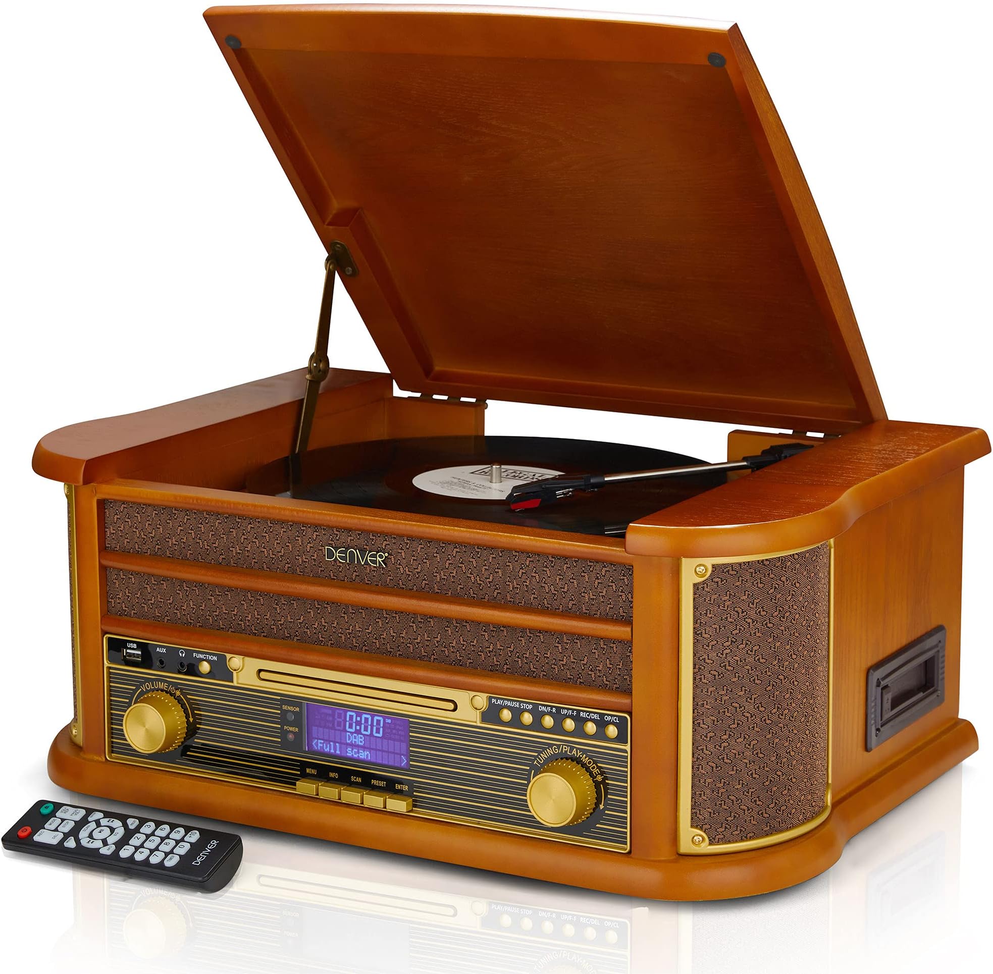 Denver 8-in-1 CD Cassette Player Retro Wooden Record Player HiFi System ...