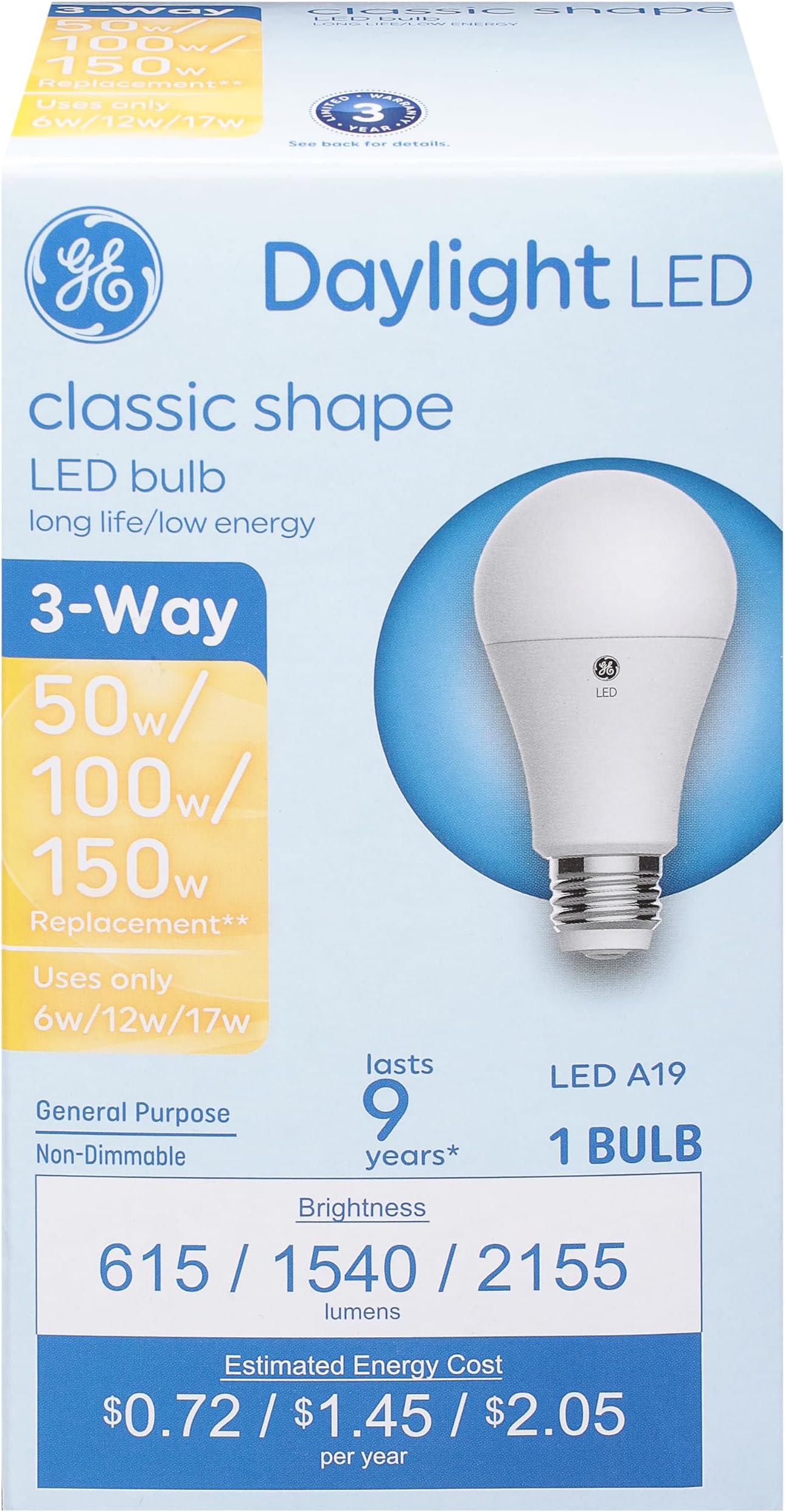 93130568 LED 3-Way Light Bulb, A19 Medium Base, Daylight, 6/12/17 Watt ...