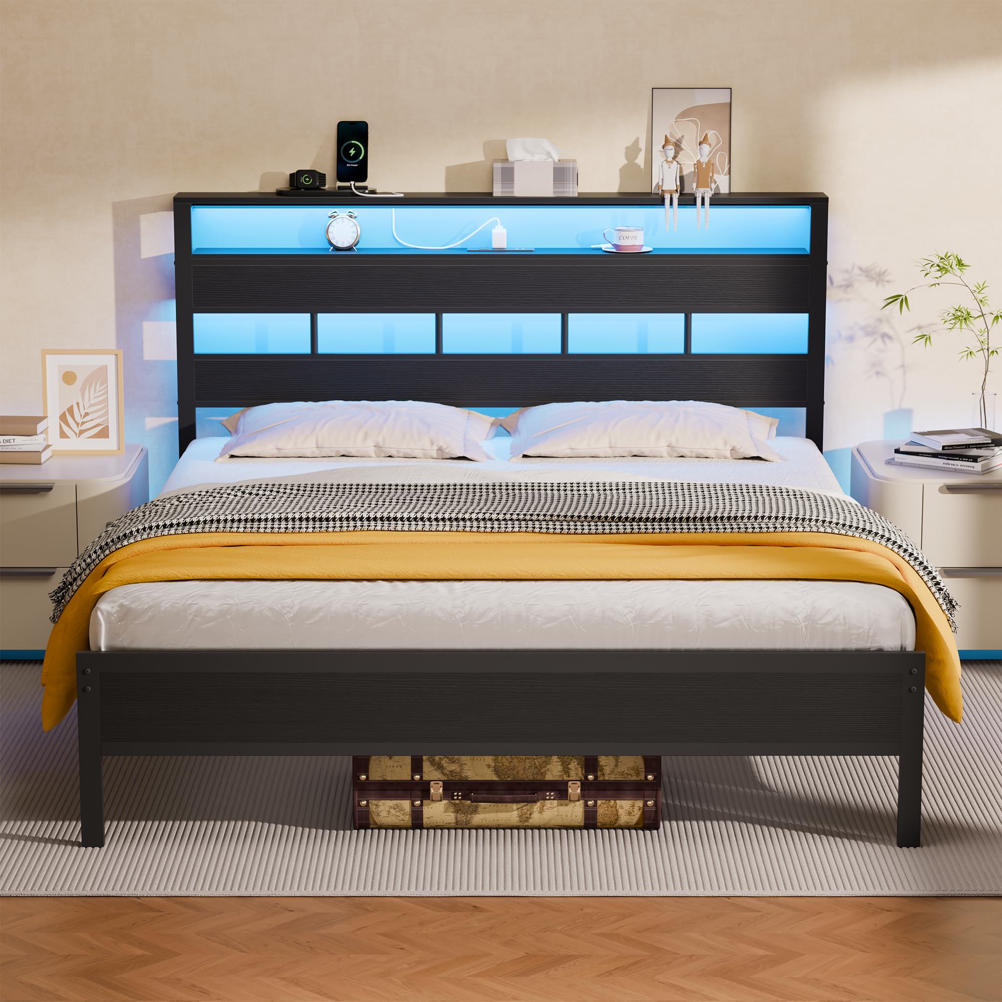 Amazon.com: Furnulem Queen Bed Frame with Storage Headboard and LED ...