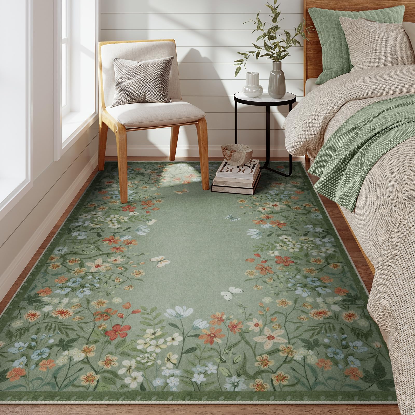 Amazon.com: Wonnitar Washable Area Rug 4x6, Green Floral Rugs for ...
