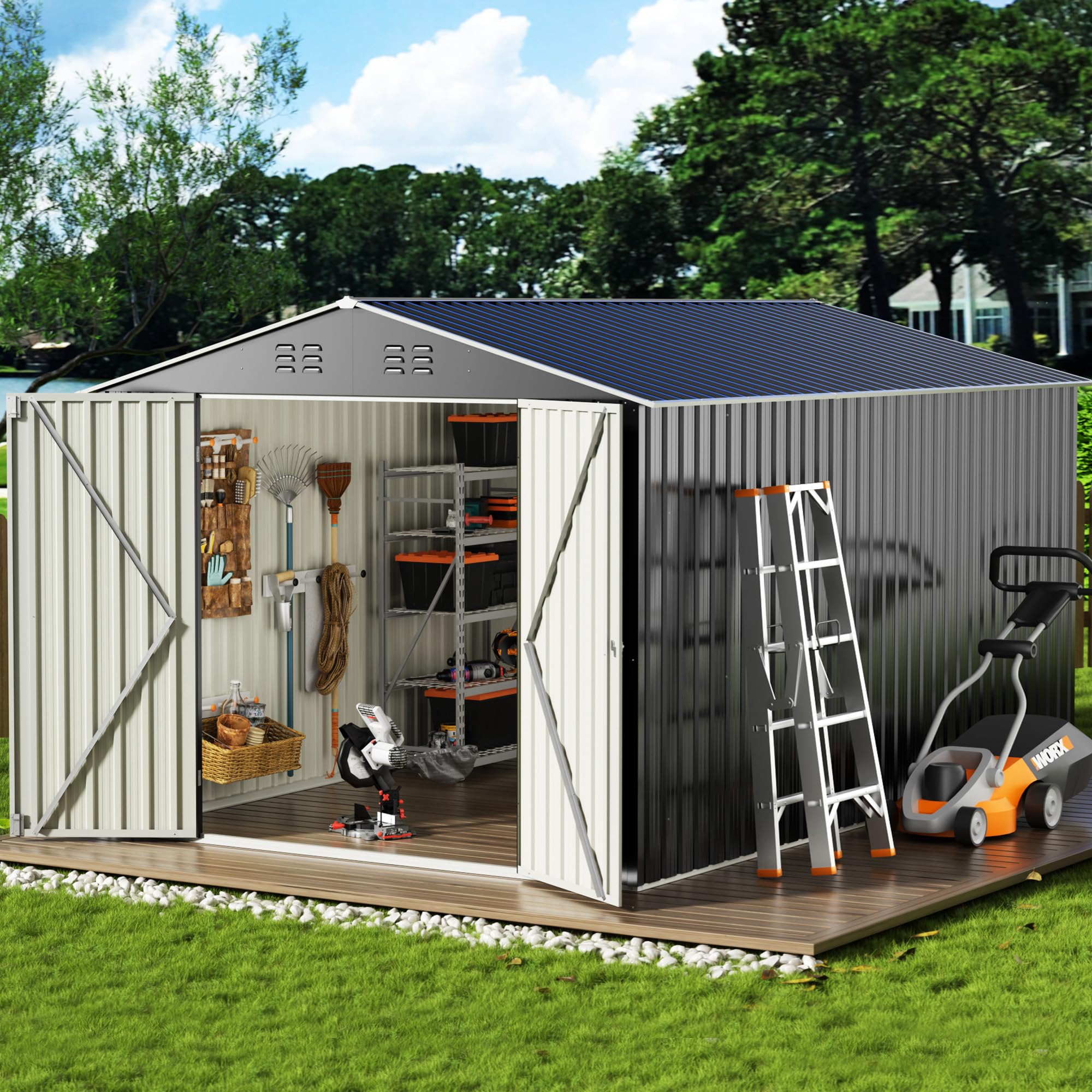 Amazon.com : VIWAT Outdoor Steel Storage Shed with Updated Frame ...