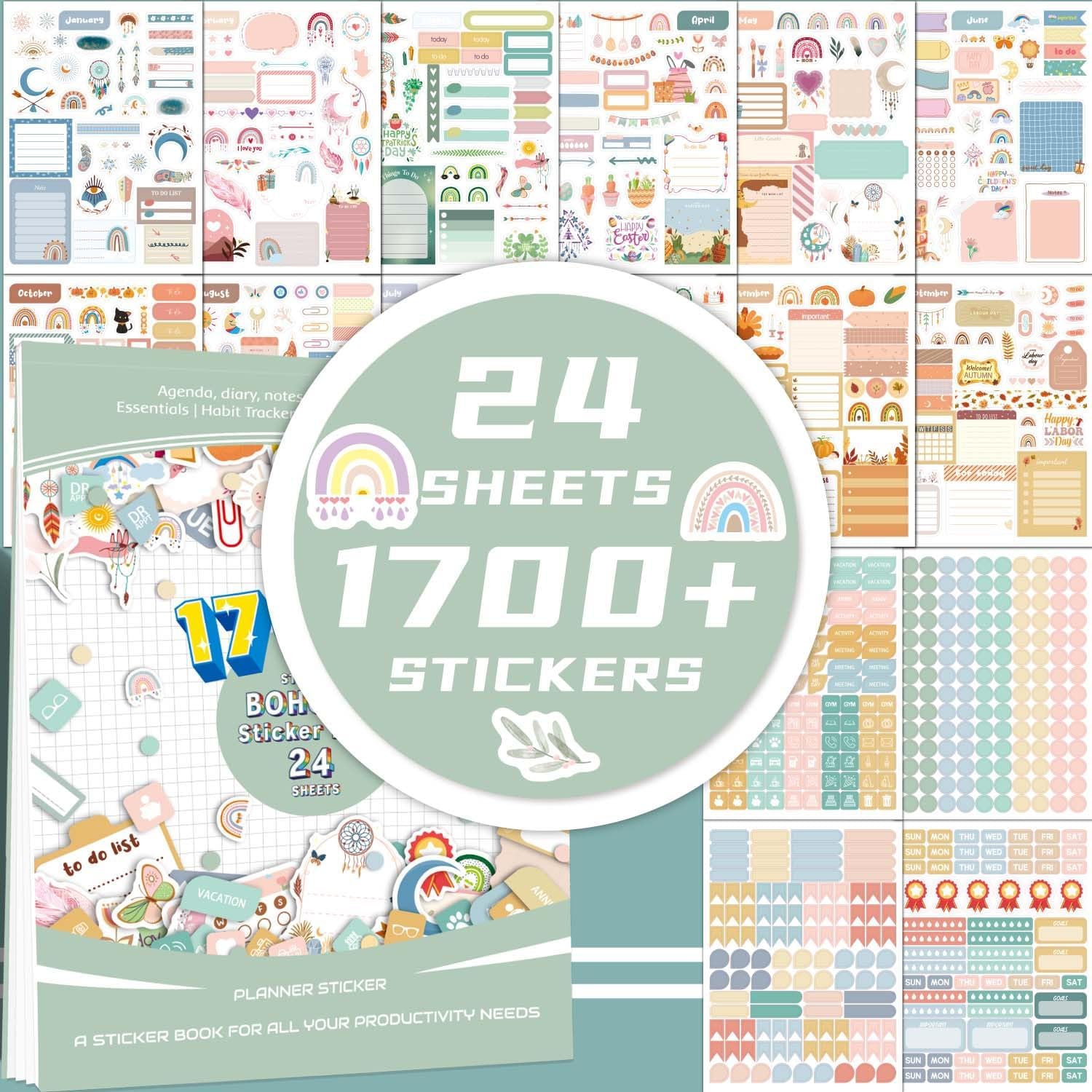 24 Sheets of 1700 Bullet Journal Stickers for Calendar Diary Craft ...