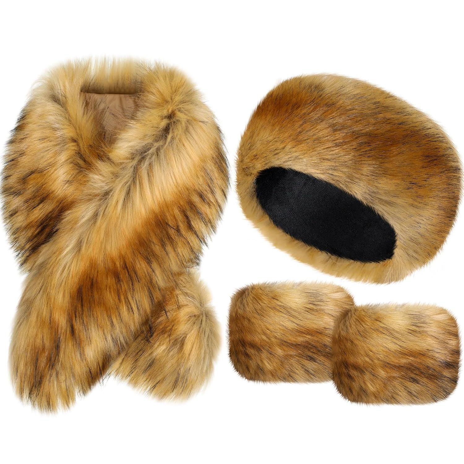 Amazon.com: ramede 3 Piece Faux Fur Collar Wrist Cuffs Headband with ...