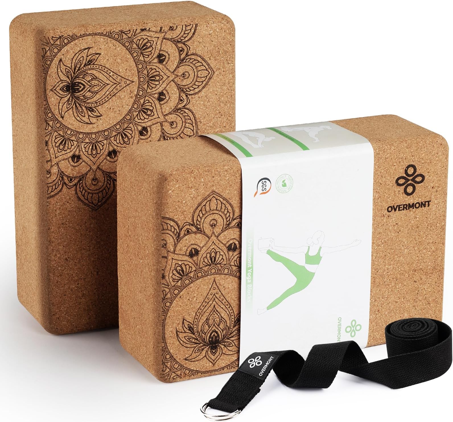 Overmont Cork Yoga Blocks 2 pack with 8ft Strap Set Natural Cork Yoga ...