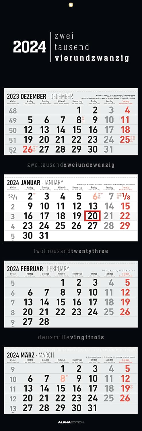 4-Month Calendar Black 2024 - Office Calendar 33 x 20 cm (Closed), 33 x ...