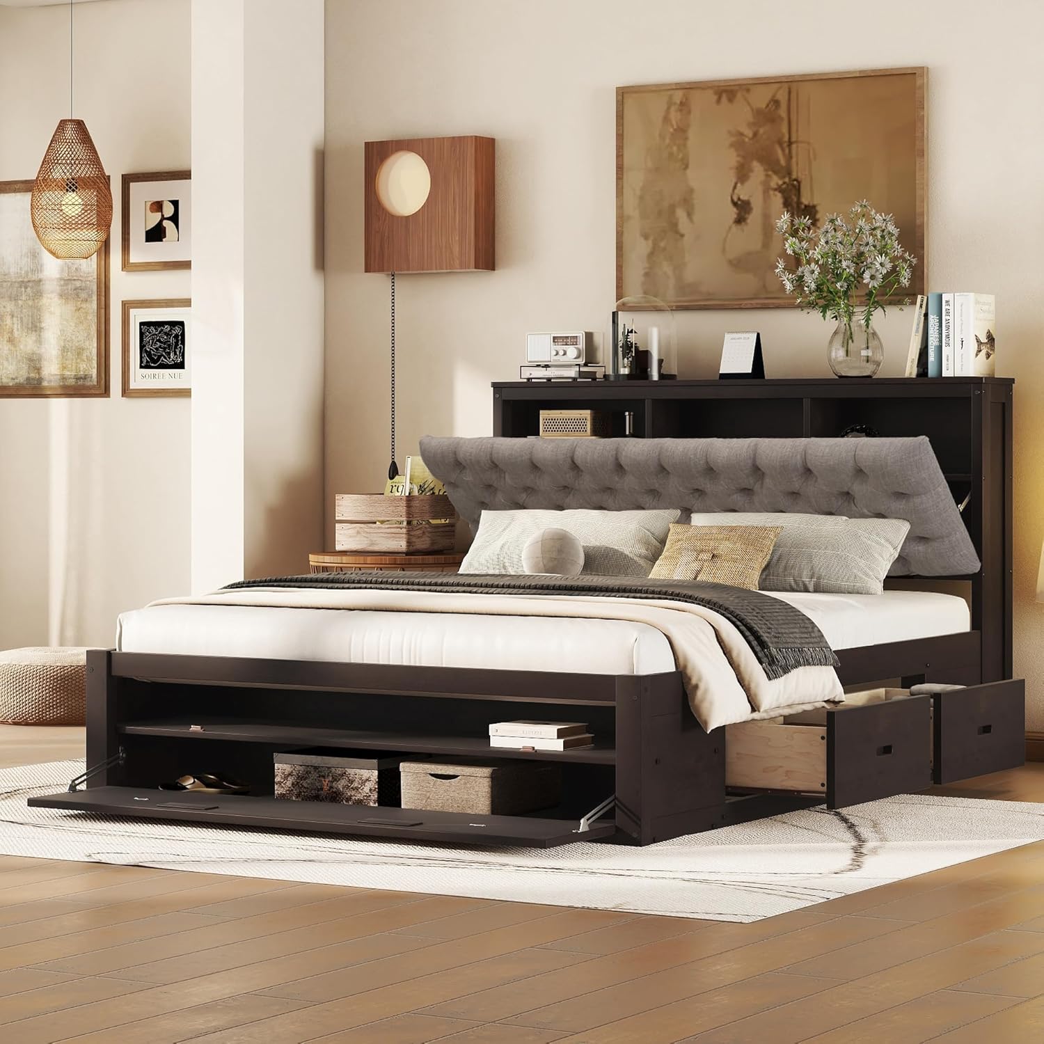 Amazon.com: Wood Queen Size Platform Bed with Storage Headboard, Shoe ...