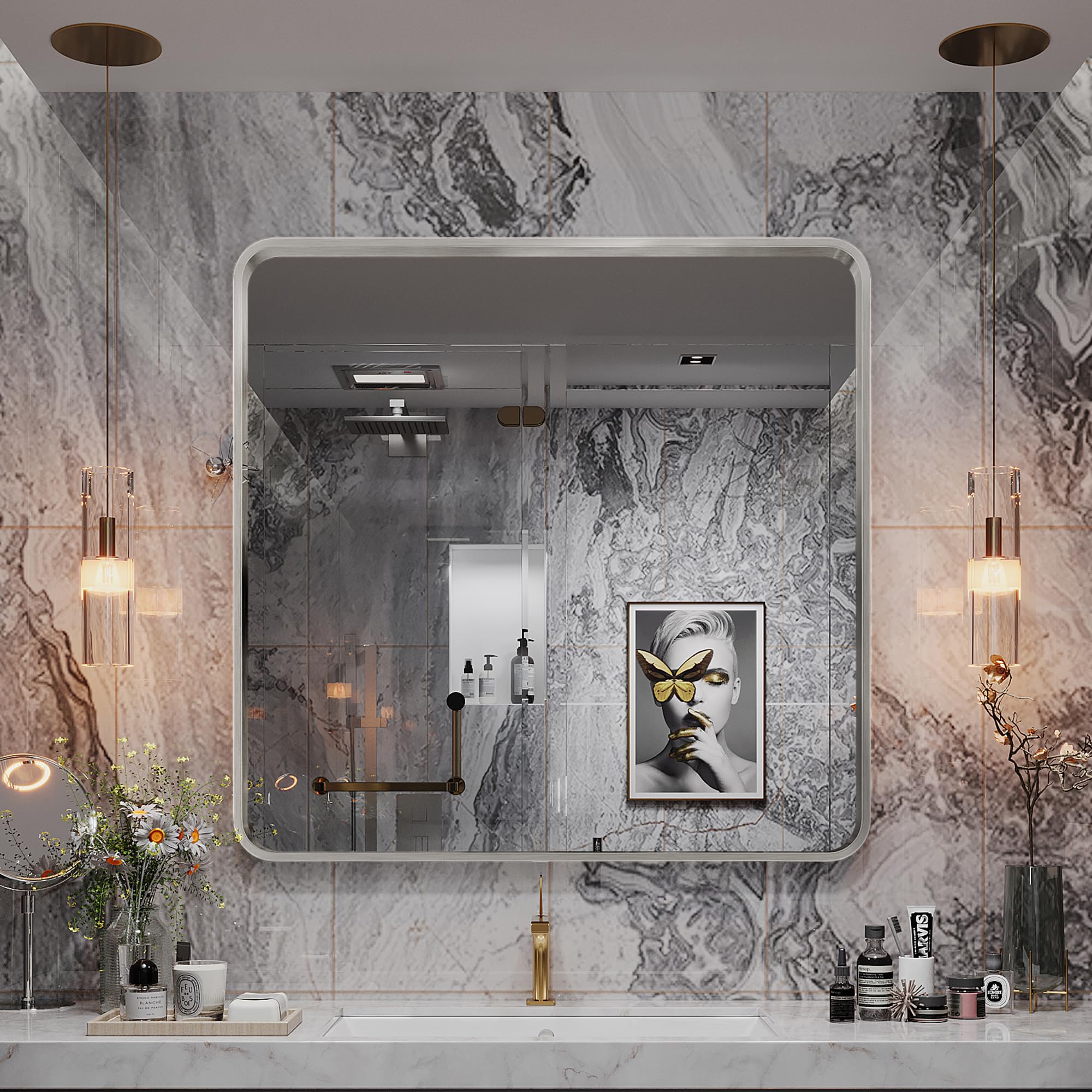 Amazon.com: Wanzvisk Brushed Nickel Framed Mirrors for Bathroom,36 x 36 ...