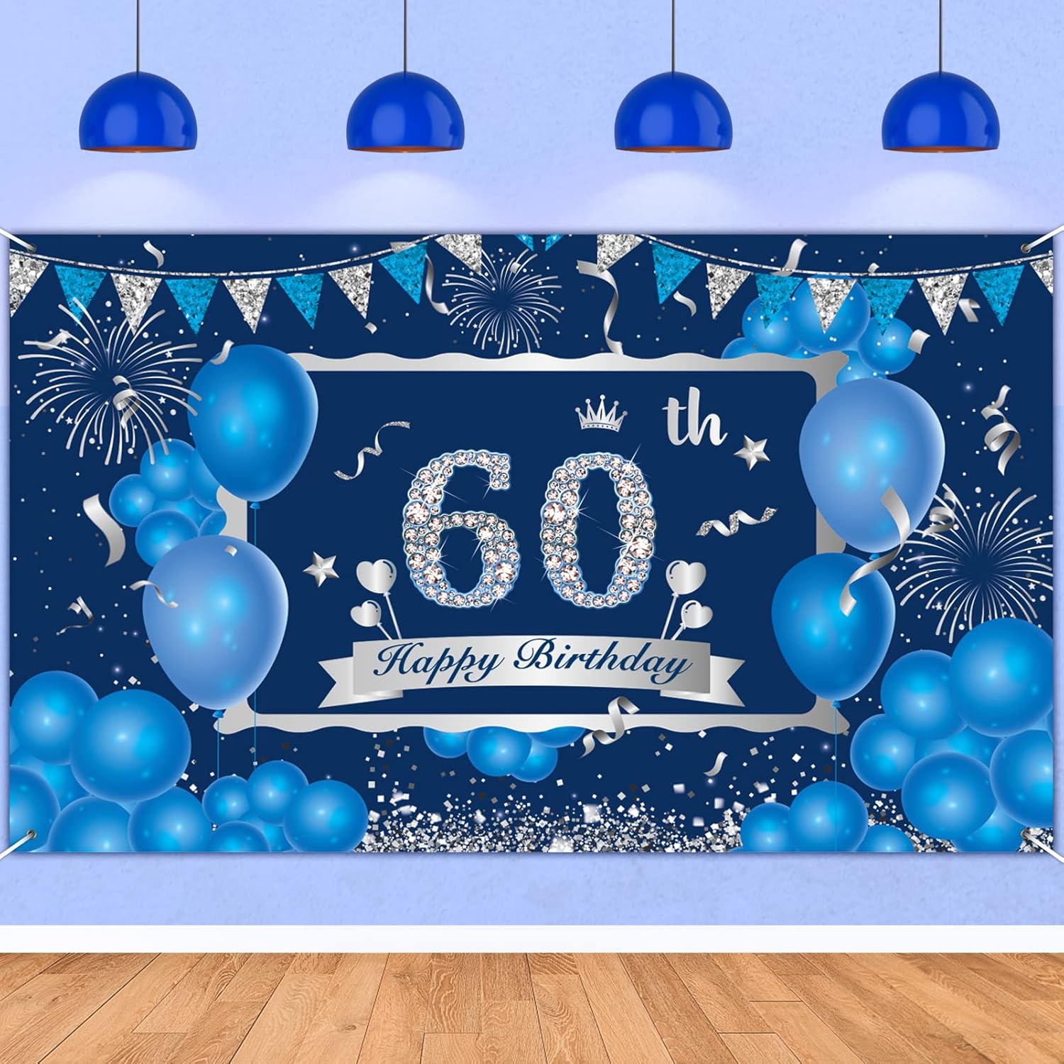 Amazon.com: 60th Birthday Decoration Banner - Navy Blue & Silver, Sixty ...