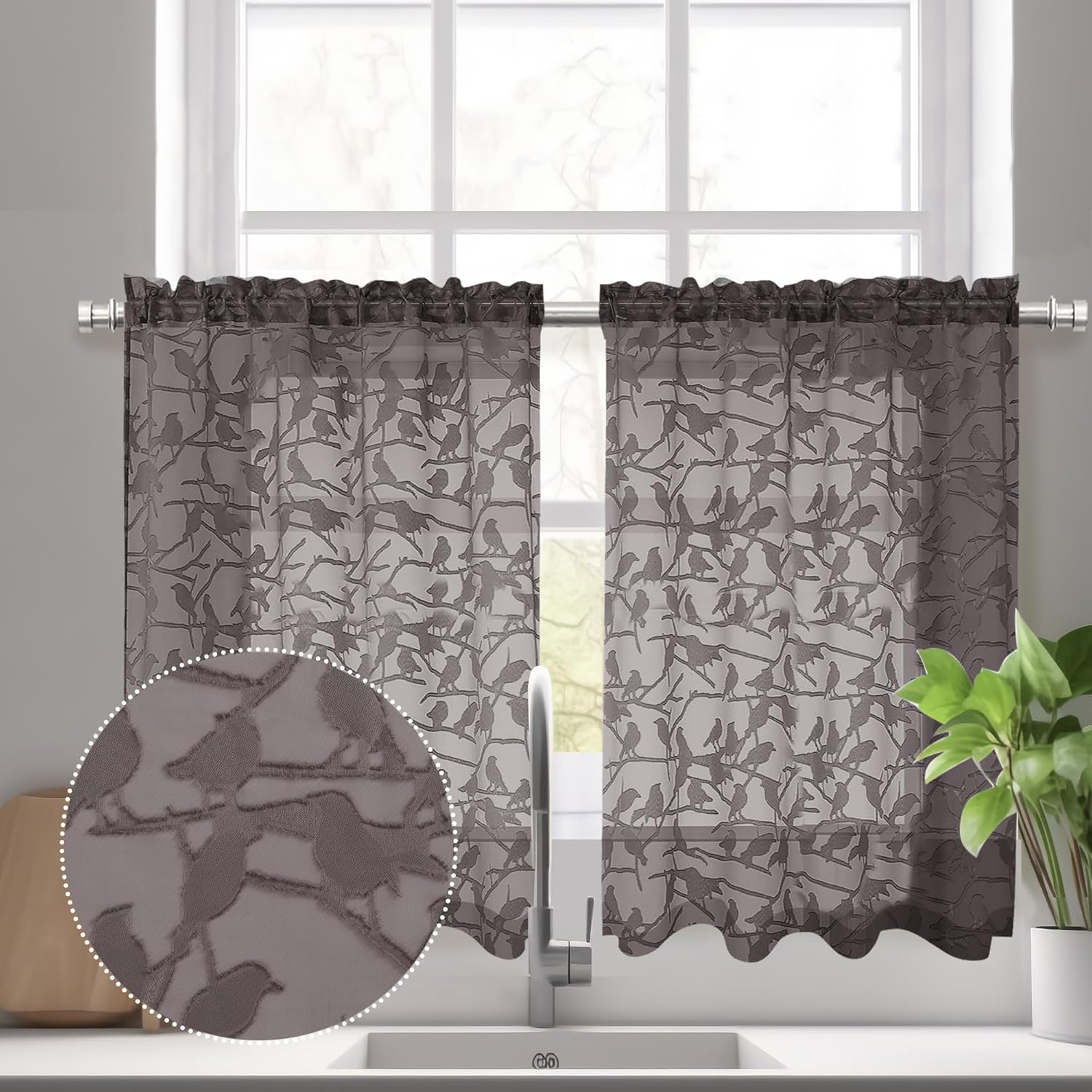 Amazon.com: OVZME Anji Textured Brown Kitchen Sheer Curtain Tiers 36 ...