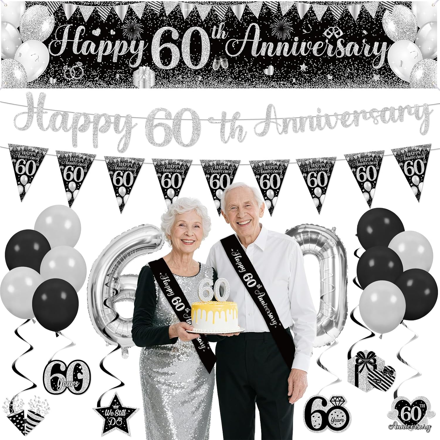 Amazon.com: 60th Wedding Anniversary Decorations, Black Silver Happy ...