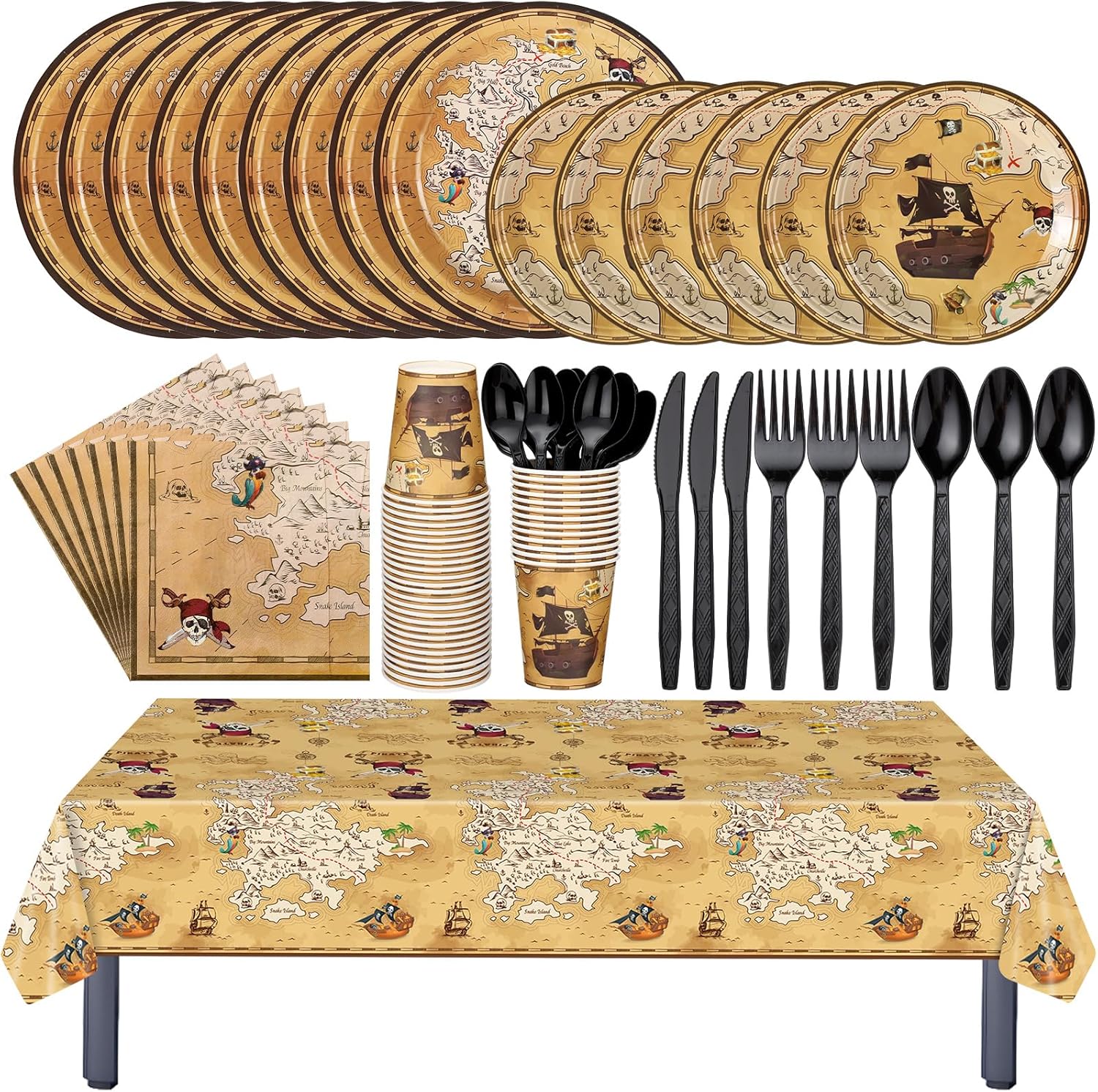 Amazon.com: Ziliny 281 Pcs Pirate Party Tableware Set Treasure Map ...