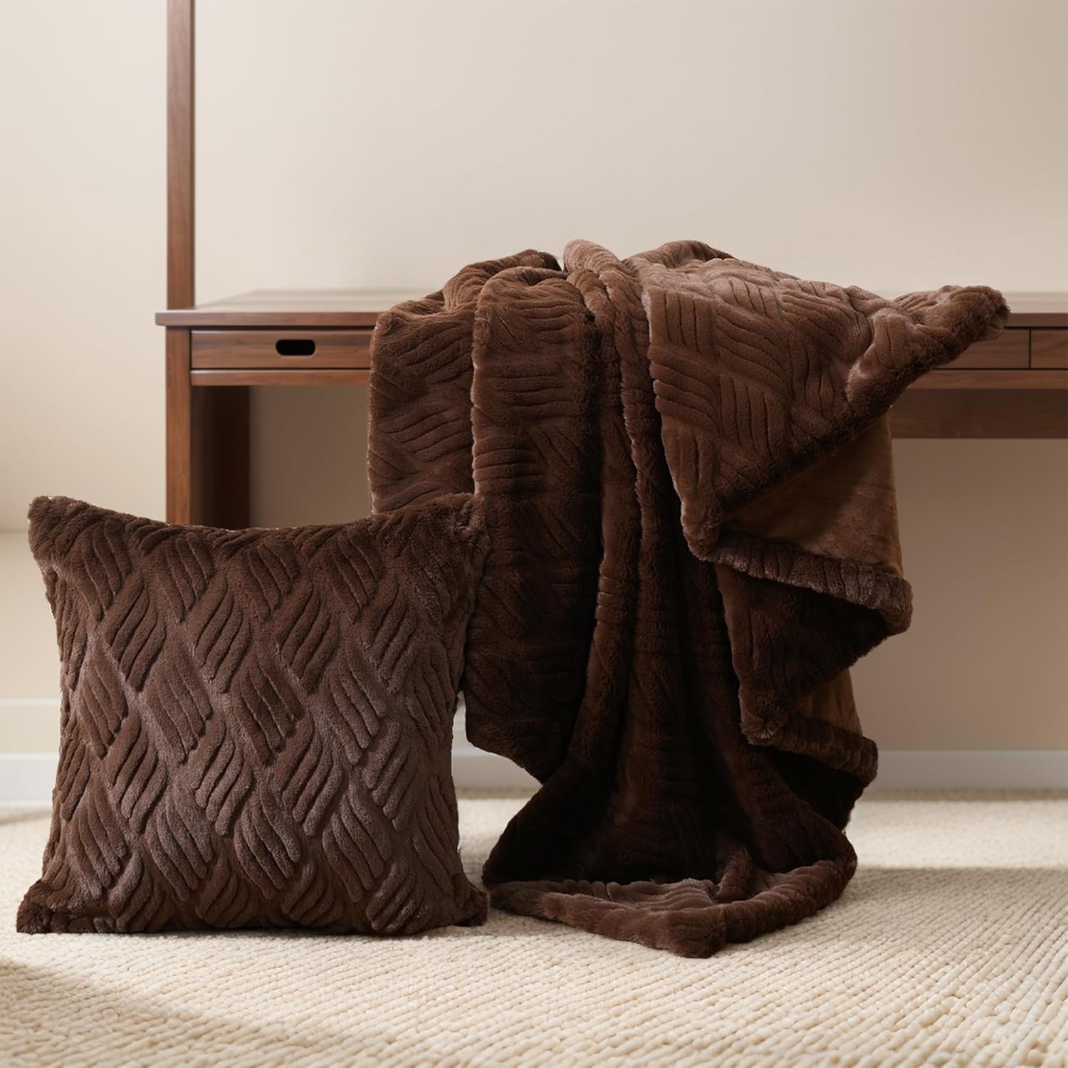BATTILO HOME Faux Fur Throw Blanket Chocolate Brown Pillow Cover Set ...