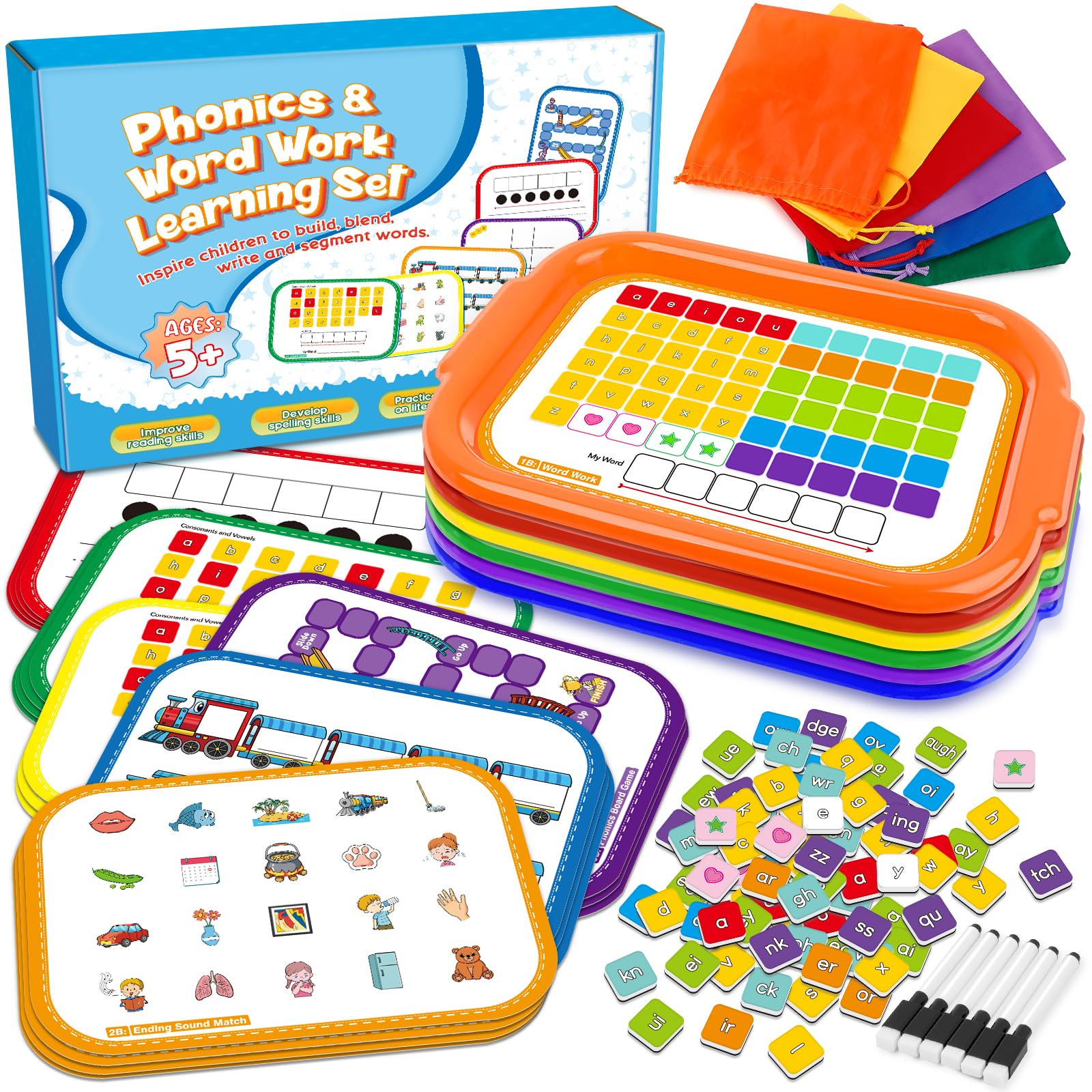 Amazon.com: Edulok Phonics Games Magnetic Tray Letter Tiles for Kids ...