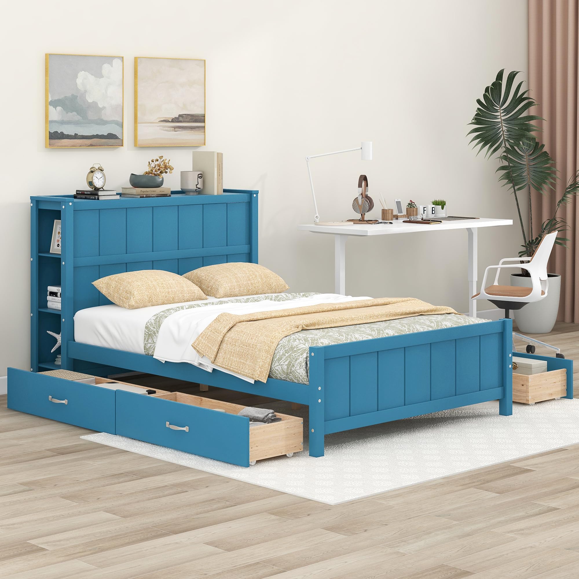 Amazon.com: MERITLINE Full Bed Frame with 4 Drawers, Wood Full Size ...