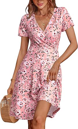 MSBASIC Summer Dress for Women Short Sleeve Empire Waist Elegant Wedding Dresses for Guest(Pink ...
