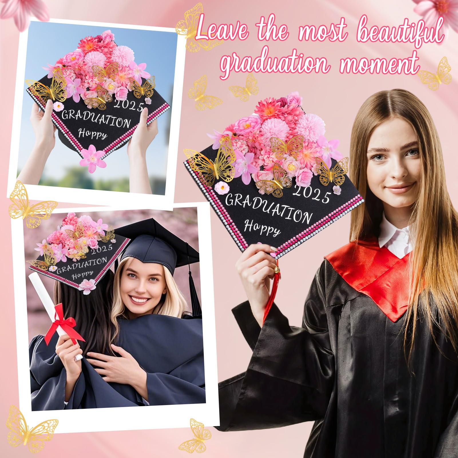 Cap Decor Pink Graduation Kit - Includes Flowers, Butterflies ...