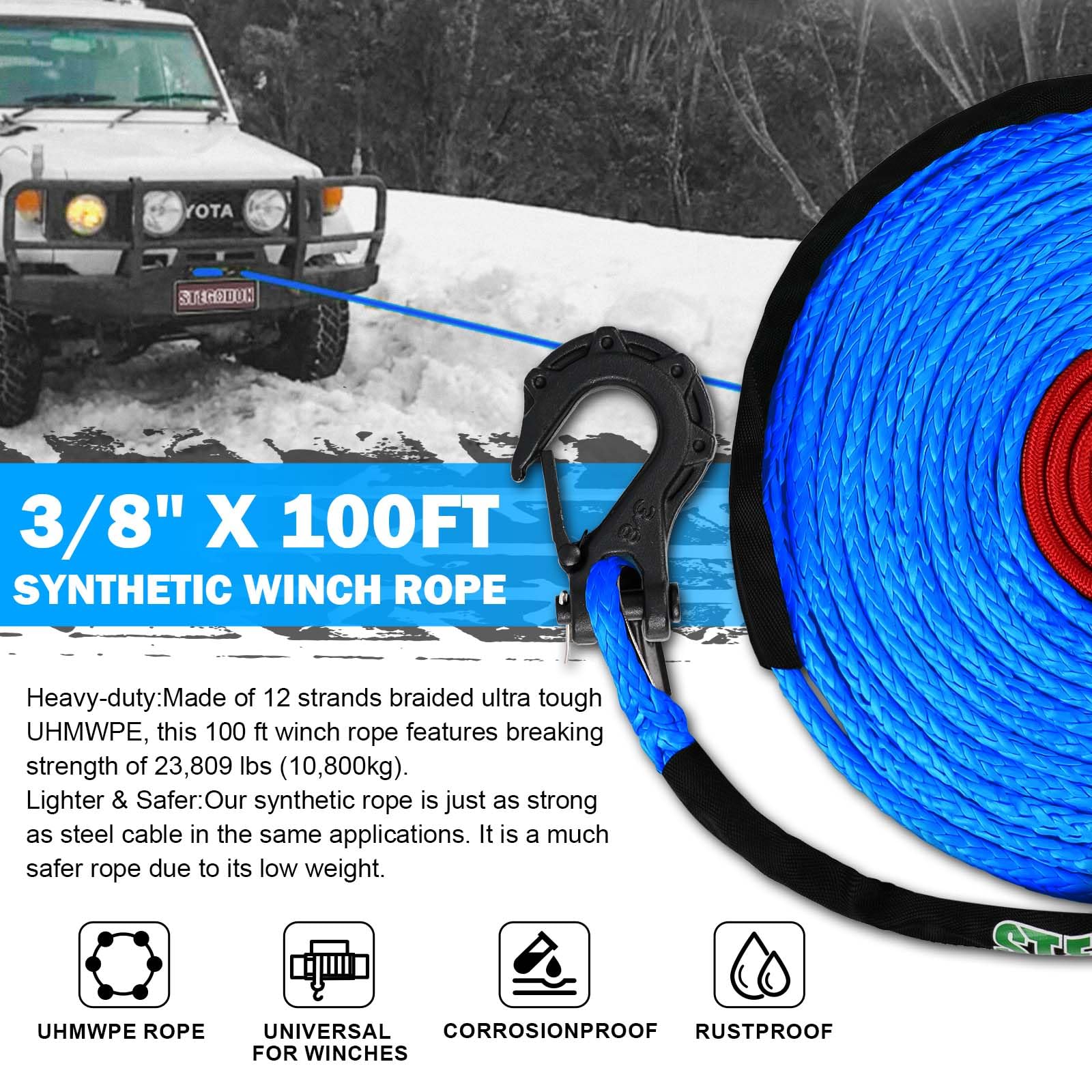 Snapklik.com : STEGODON 3/8inch X 100ft Synthetic Winch Rope Kit ...