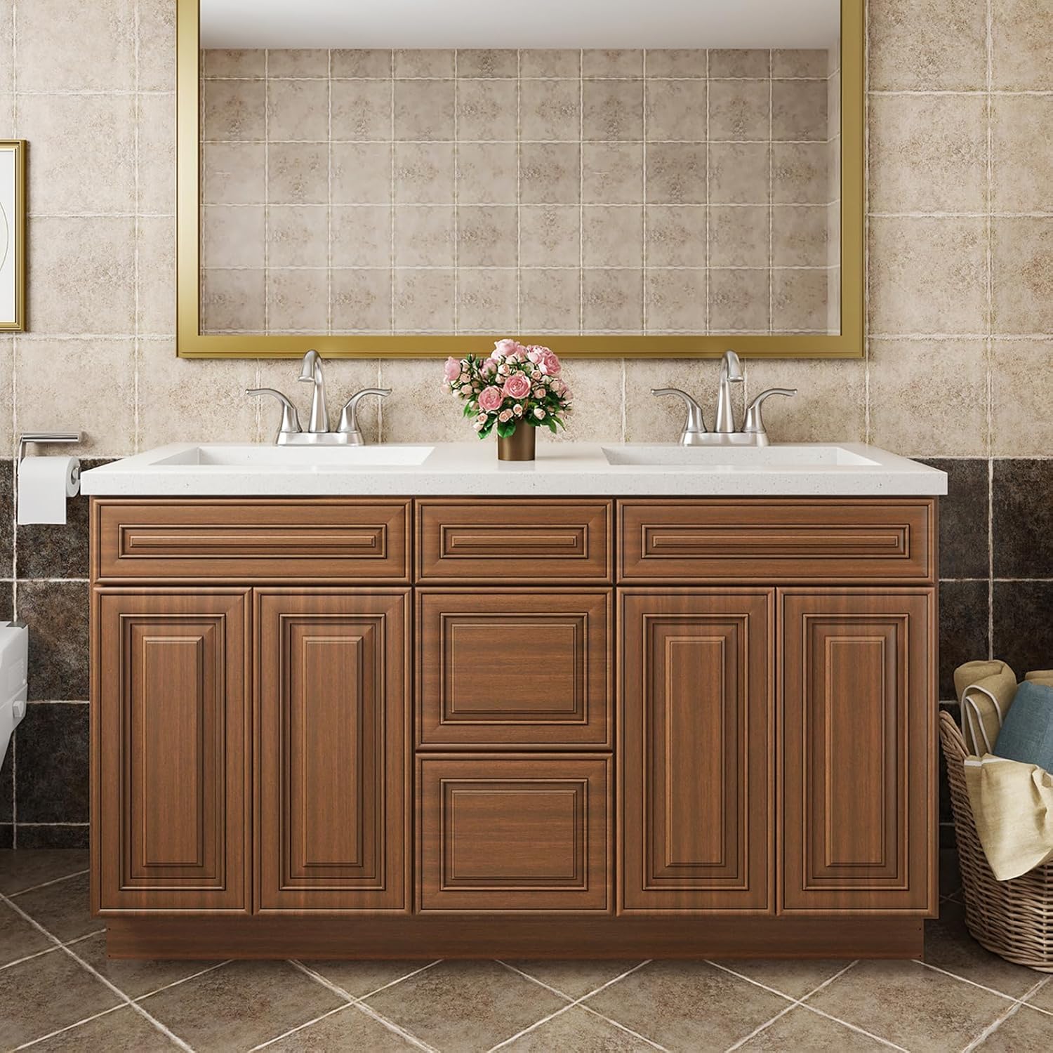 Amazon.com: ROOMTEC 60" Assembled Double Sink Bathroom Vanity Base ...