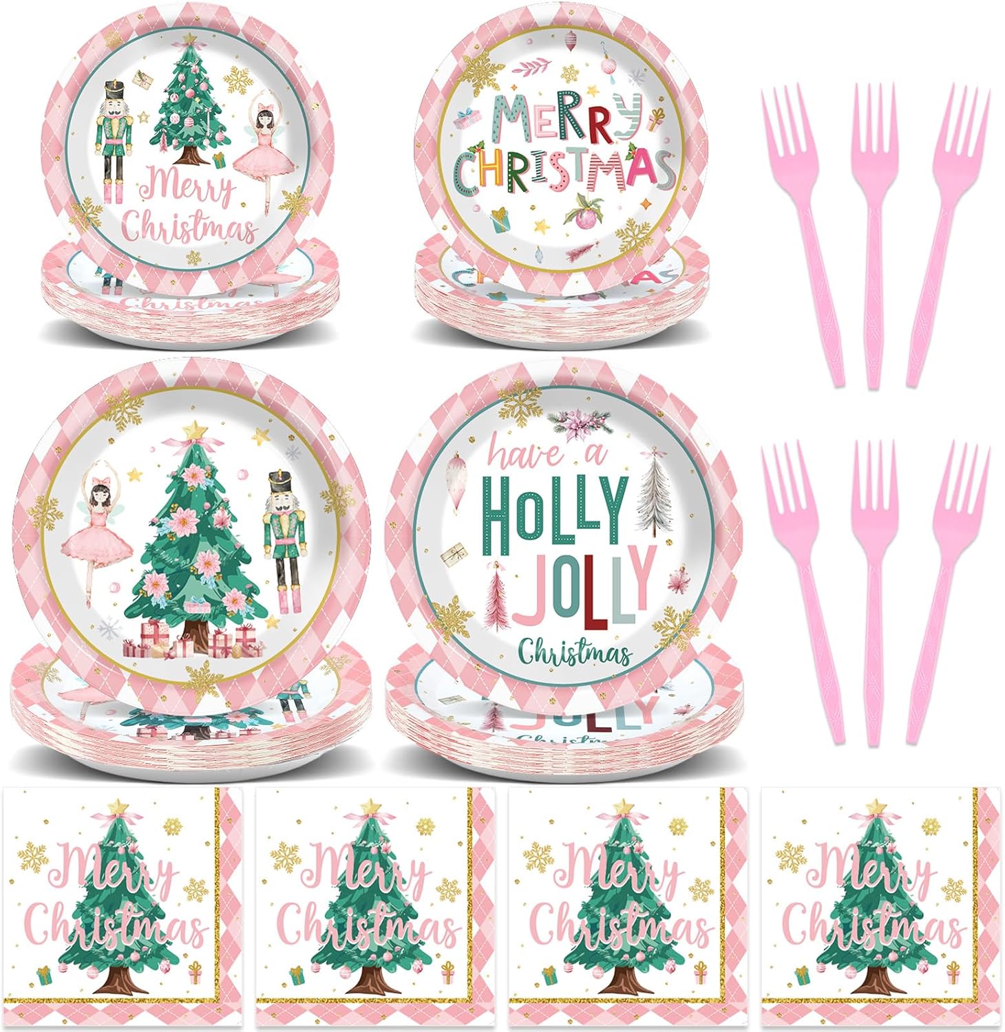 Amazon.com: 96pcs Christmas Nutcrackers Paper Plates and Napkins Pink ...