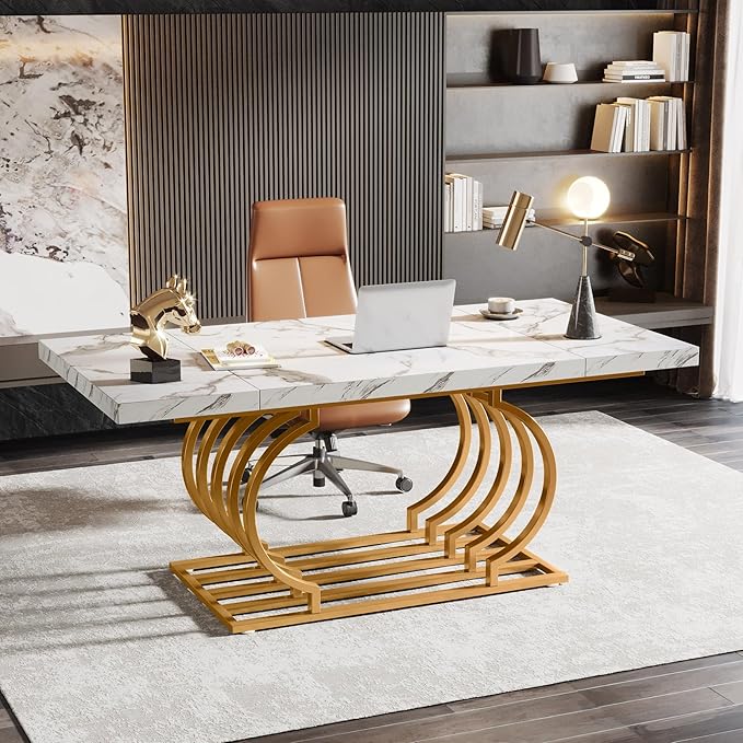 Amazon.com: Tribesigns 63" Modern Office Desk, White and Gold Executive ...