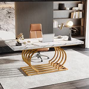Amazon.com: Tribesigns 63" Modern Office Desk, White and Gold Executive ...