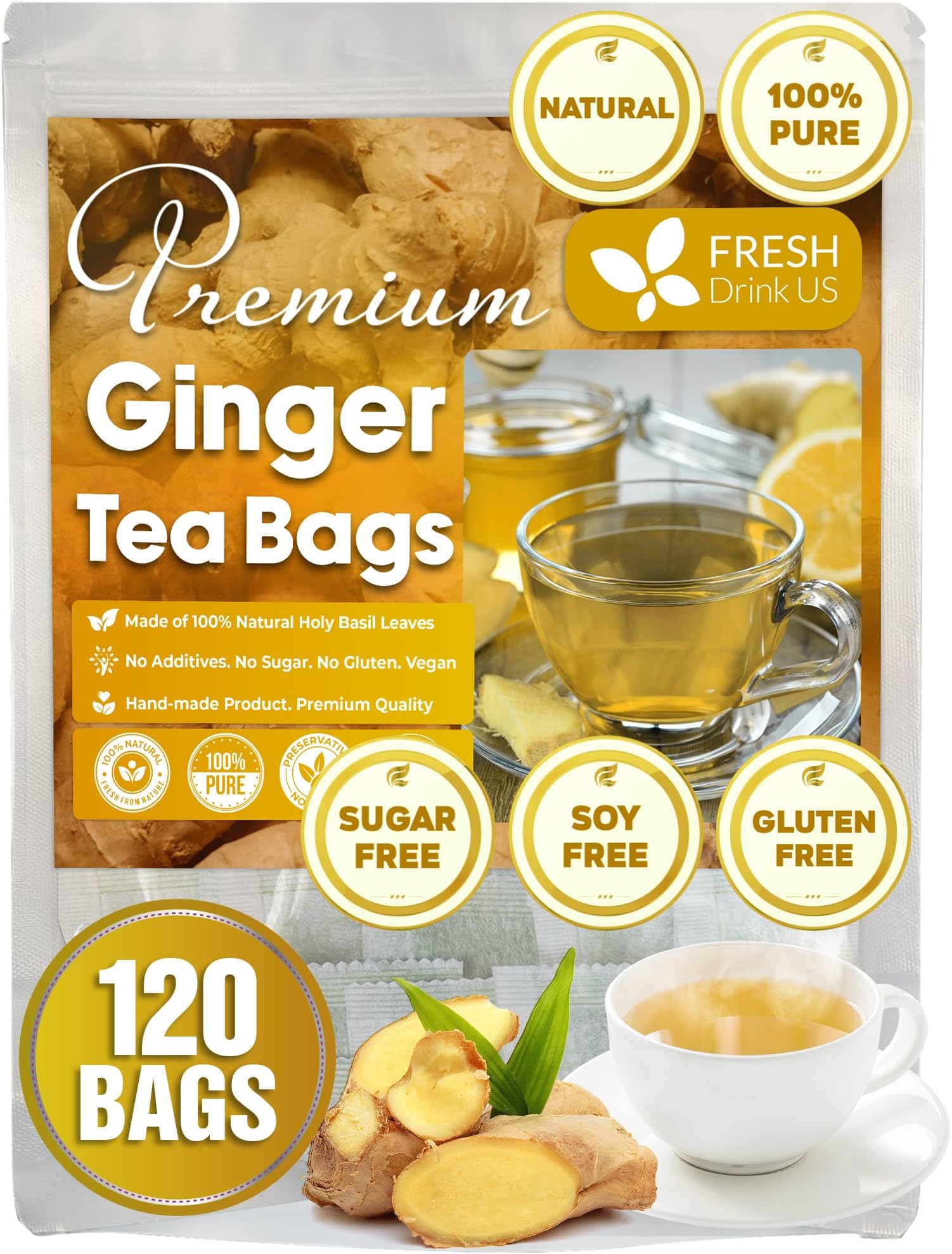 Amazon.com : FreshDrinkUS, 120 Natural Ginger Tea Bags - Pure Ginger ...