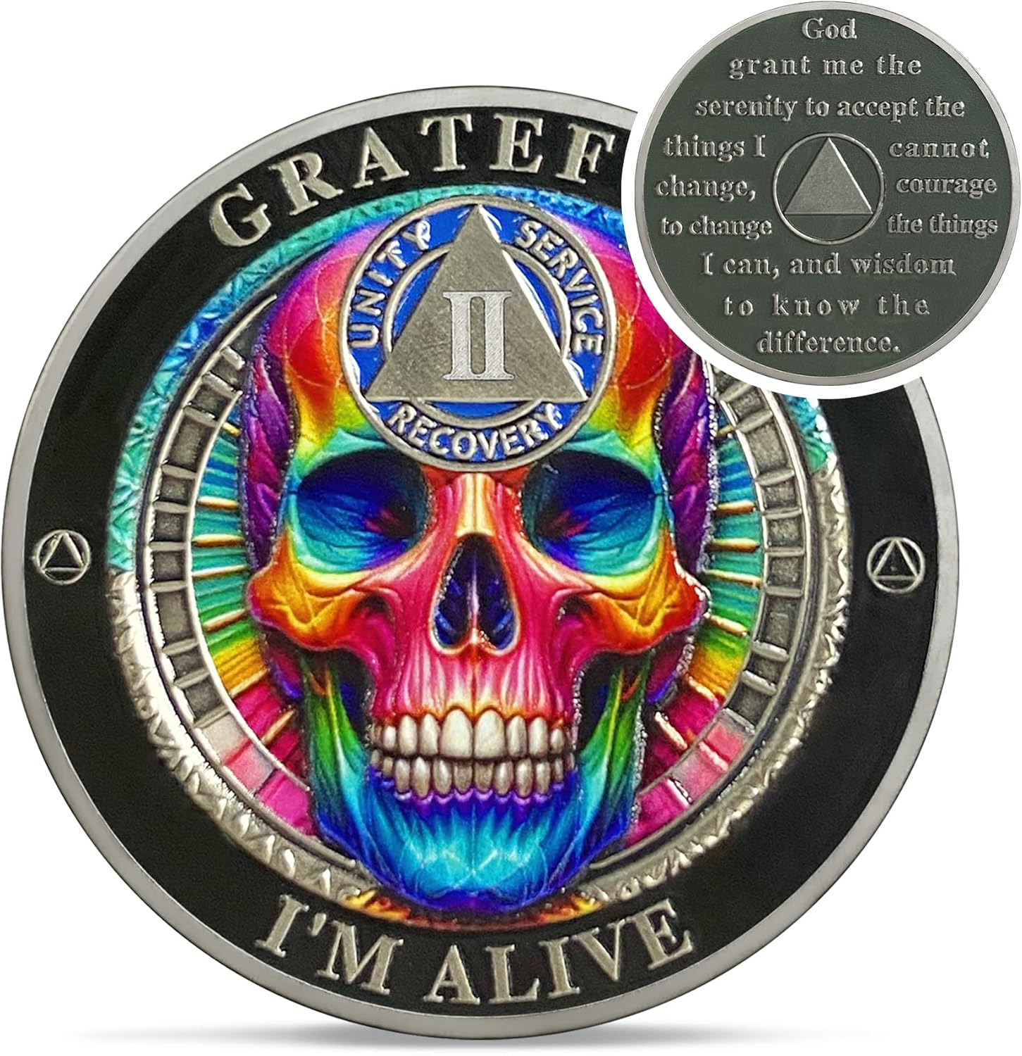 Amazon.com : Rainbow Skull 2 Year Sobriety Coin - Grateful I'm Alive AA ...