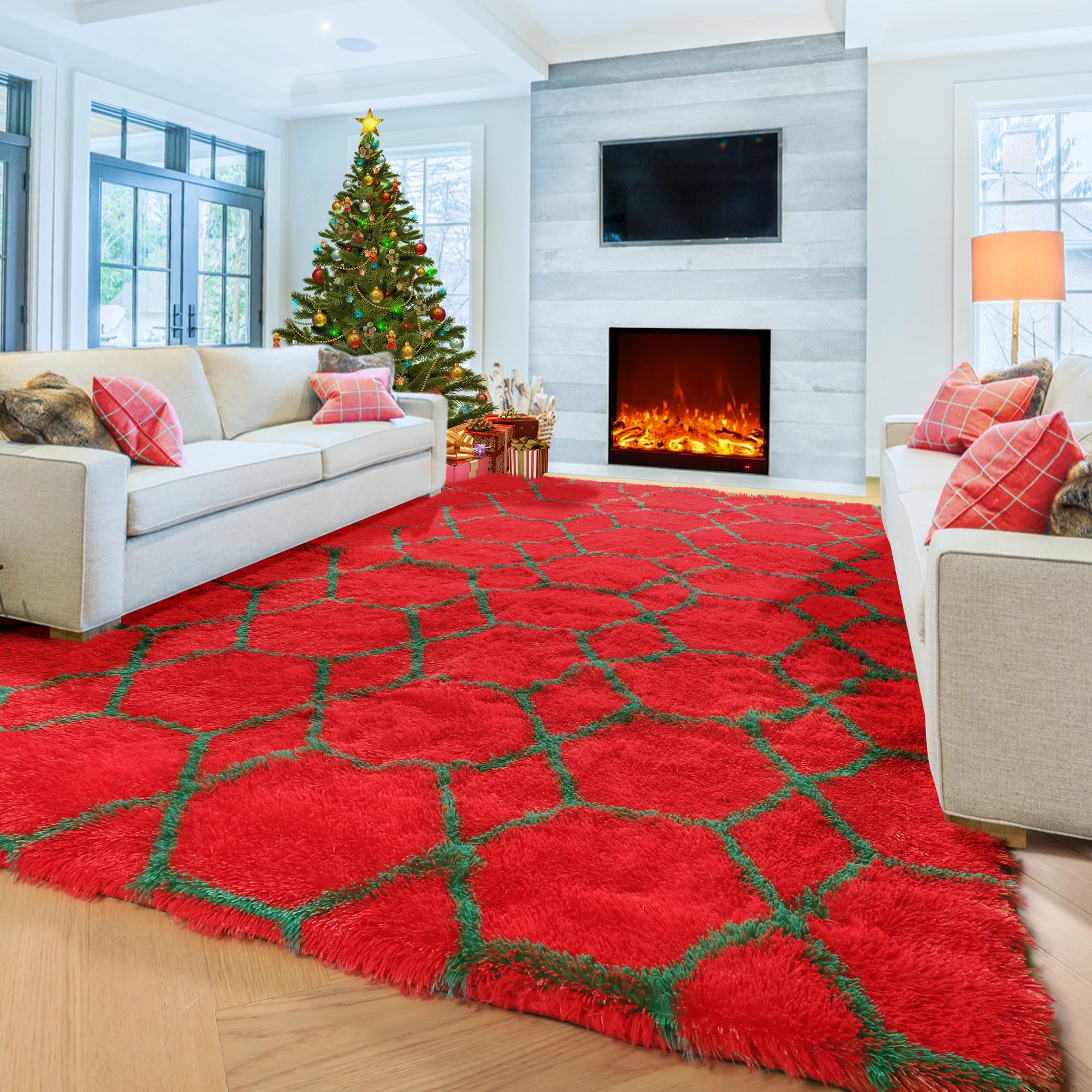 Amazon.com: ONASAR Rugs for Living Room, 5x8 Fluffy Geometric Red and ...