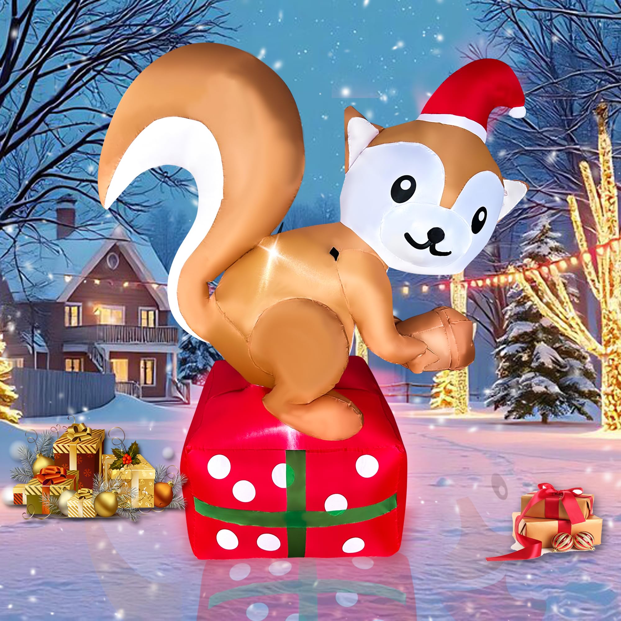 Amazon.com: JOYEASE 5 FT Christmas Inflatable Squirrel Standing on Gift ...