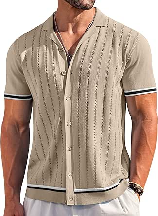Amazon.com: COOFANDY Men's Short Sleeve Knit Shirt Casual Button Down Shirt Vintage Striped ...