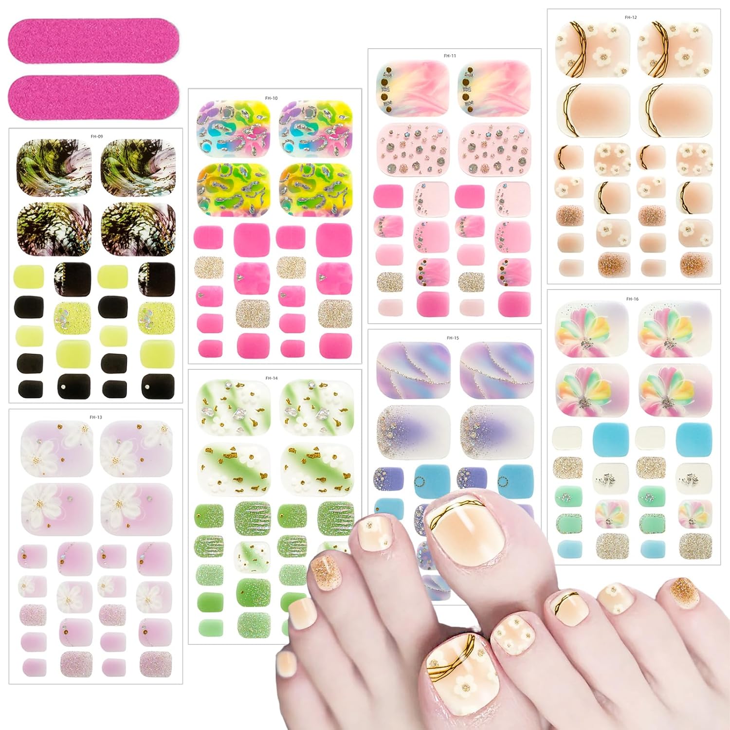 Amazon.com: 8 Sheets Flower Toe Nail Stickers Glitter Full Wraps ...