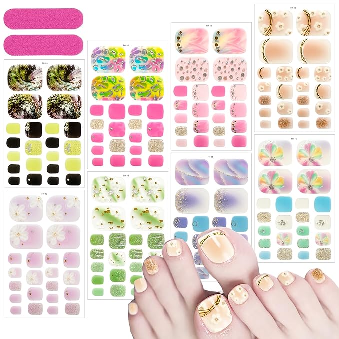 Amazon.com: 8 Sheets Flower Toe Nail Stickers Glitter Full Wraps ...