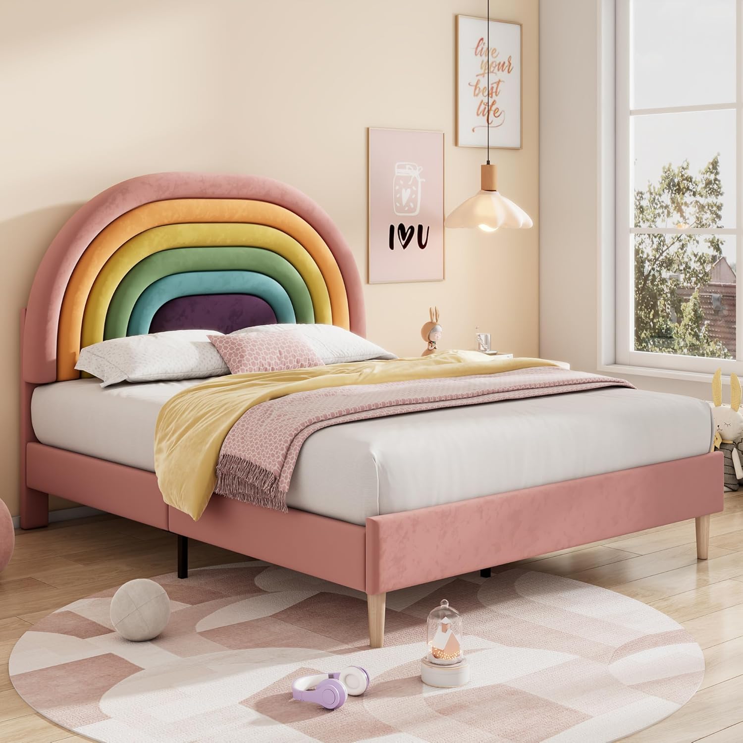 4ft6 Double Bed Frame Upholstered Platform Bed with Height-adjustable ...