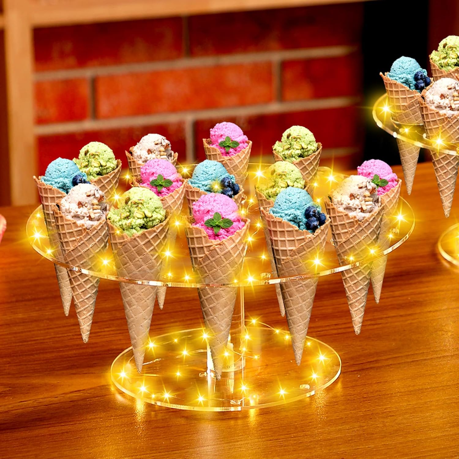 2 Pack Ice Cream Cone Holder with Lights 16 Holes Acrylic Ice Cream ...