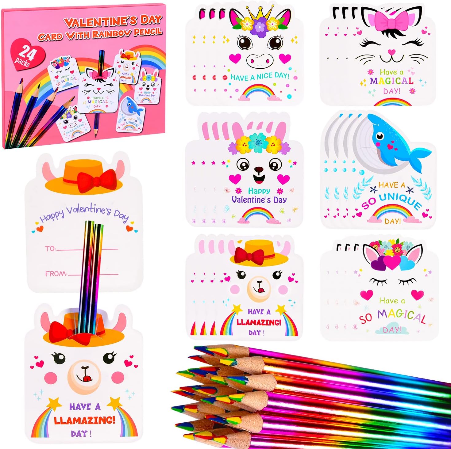 Amazon.com : Zonon 30 Sets Valentine's Day Cards with Rainbow Pencils ...