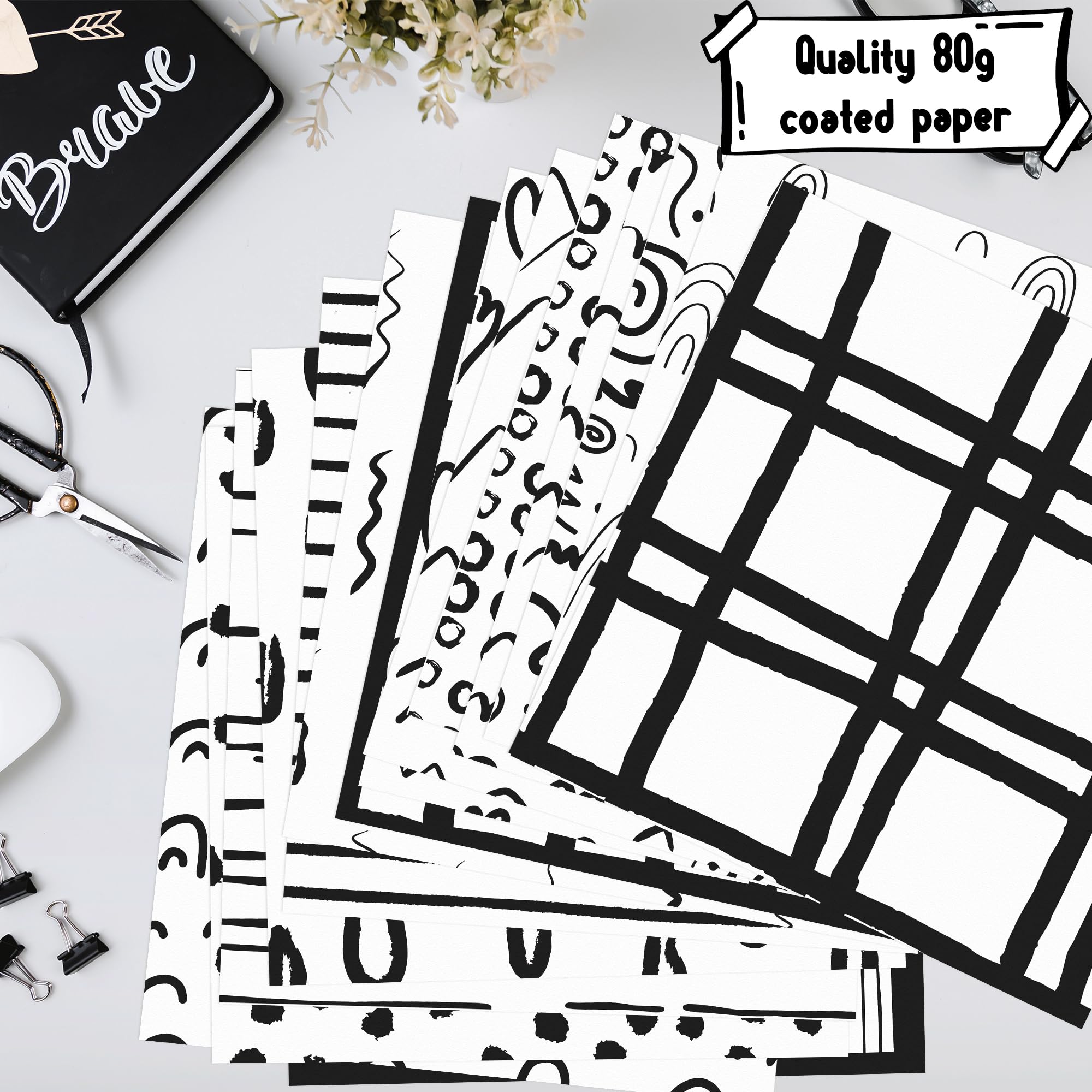 Snapklik.com : 60pcs Black & White Hand-Drawn Style Patterned Paper ...
