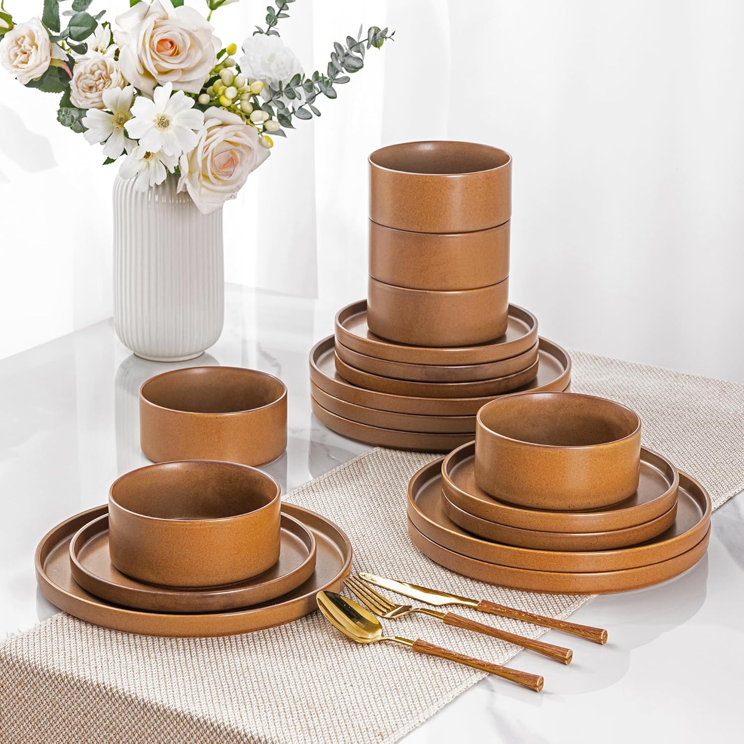 LeRatio Dinner Set for 6, 18 Piece Stoneware Plates and Bowls Set, Chip ...