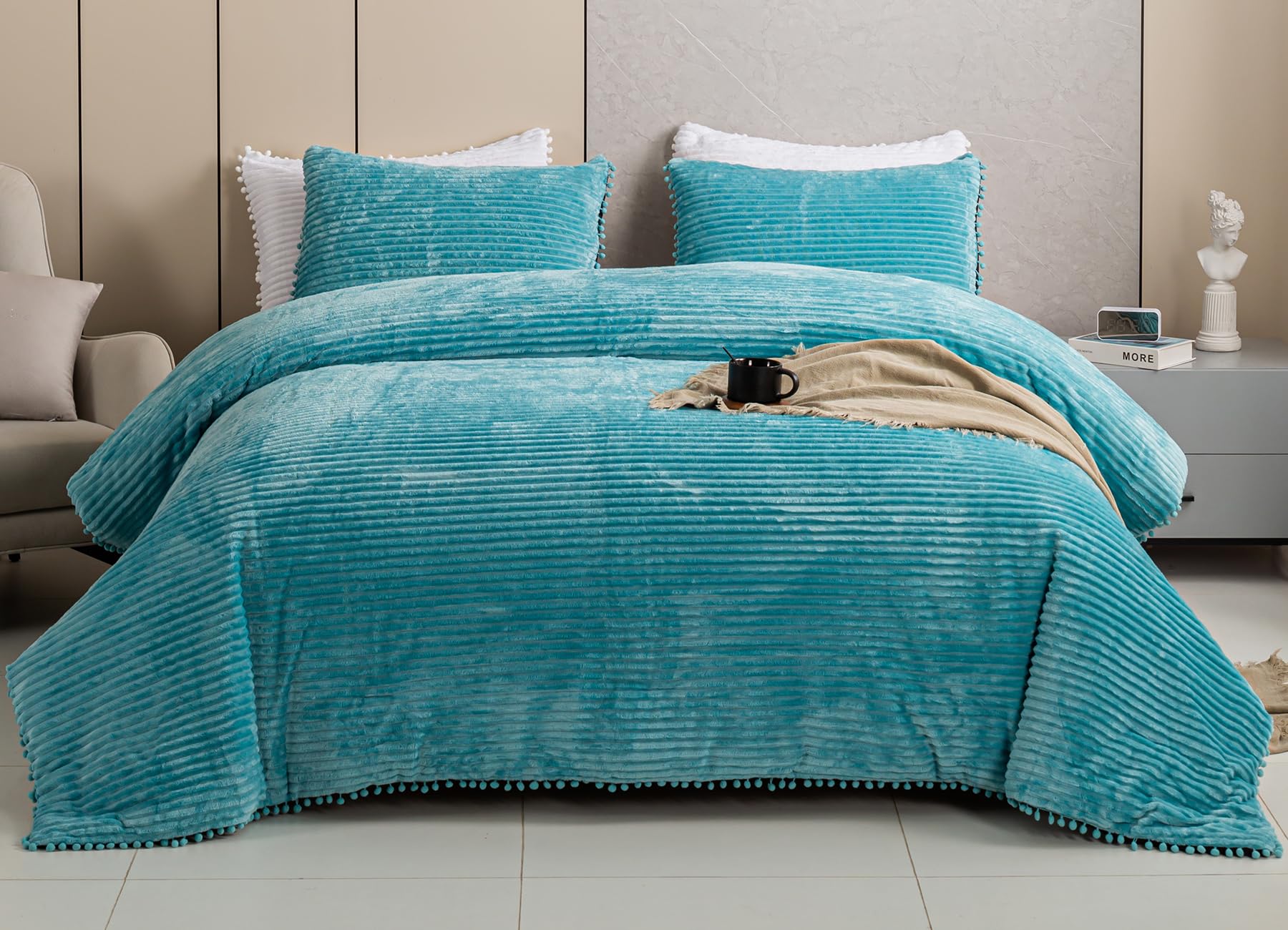 Turquoise Reversible Boho Comforter Set King, 3pcs Teal Blue Ball Pom ...