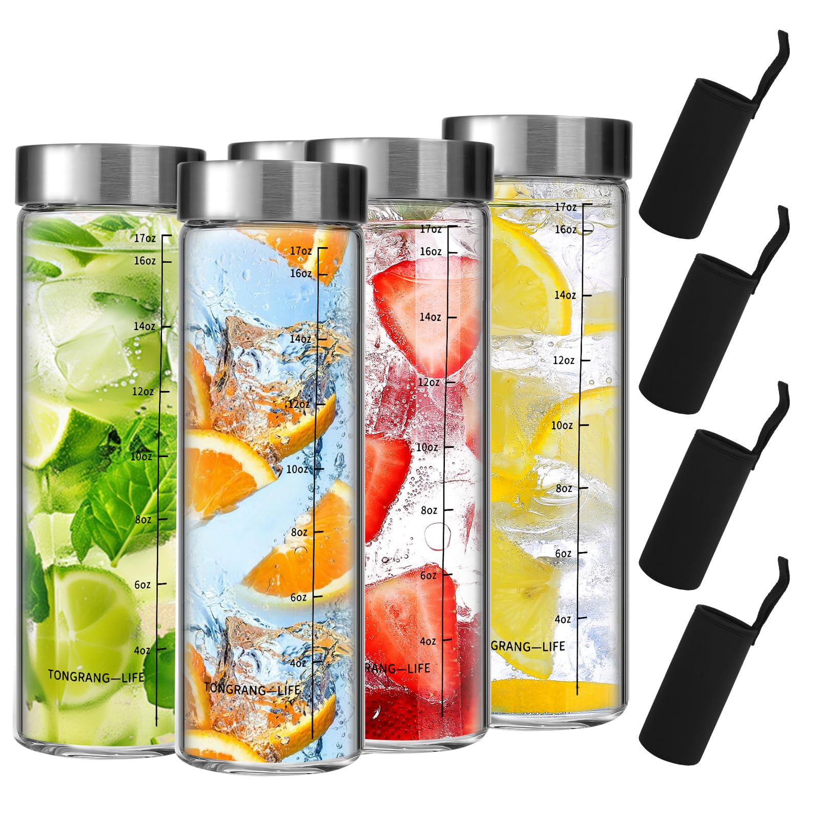 Amazon.com: TONGRANG-LIFE 17Oz Glass Juice Bottles with Lids- 4 Pack ...