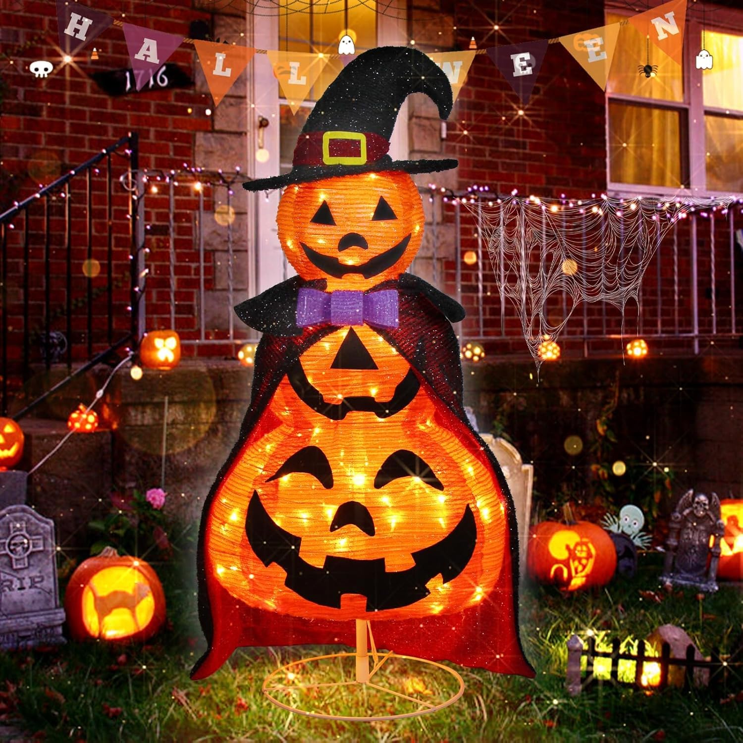 3.5FT Halloween Light Up Pumpkin Front Porch Decorations 48 Built-in LED Lights Collapsible ...