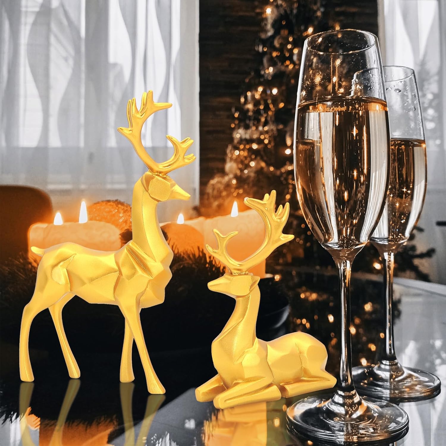 Figuras de reno de Navidad, 2 estatuas geométricas 3D de resina de alce ...