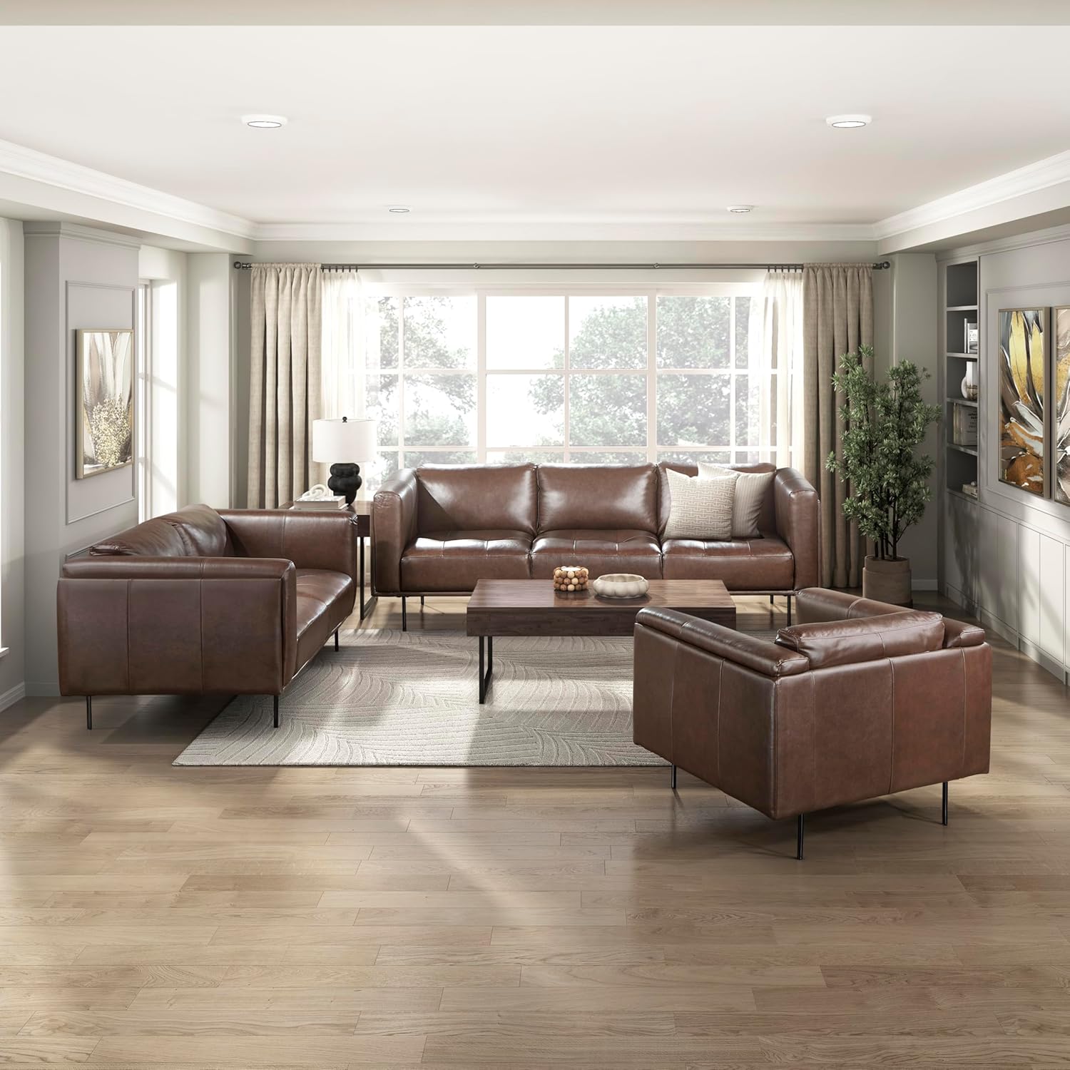 Amazon.com: Lexicon Rubin Leather Living Room Sofa Set, 3-Piece, Brown ...