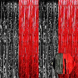 Amazon.com : 3 Pack Black Red Foil Fringe Curtain Backdrop, 3.28Ft x 8 ...
